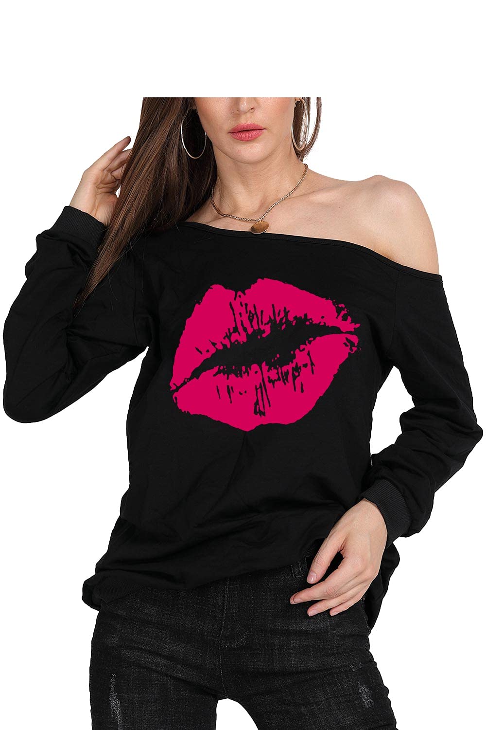 MAGICMK Woman’s Sweatershirt Lips Print Causal Blouse Off The Shoulder Long Sleeve Loose Slouchy Pullover Plus Size Tops…(XXXL)