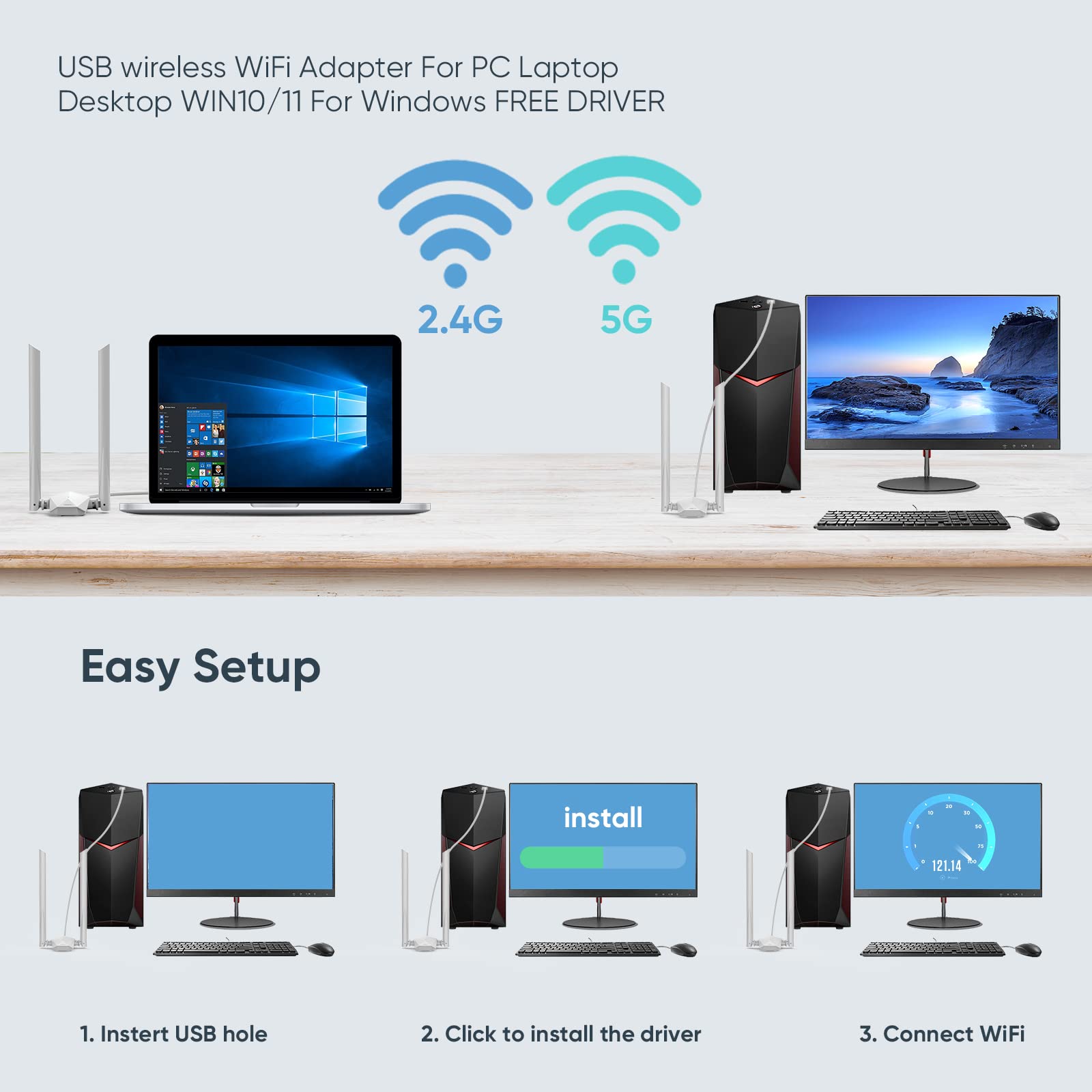 USB WiFi Adapter, AX1800 USB 3.0 WiFi 6 Wireless Network Adapter USB Wireless Dongle with Dual Band 2.4GHz/5GHz for Desktop PC Laptop Support Windows 10/11