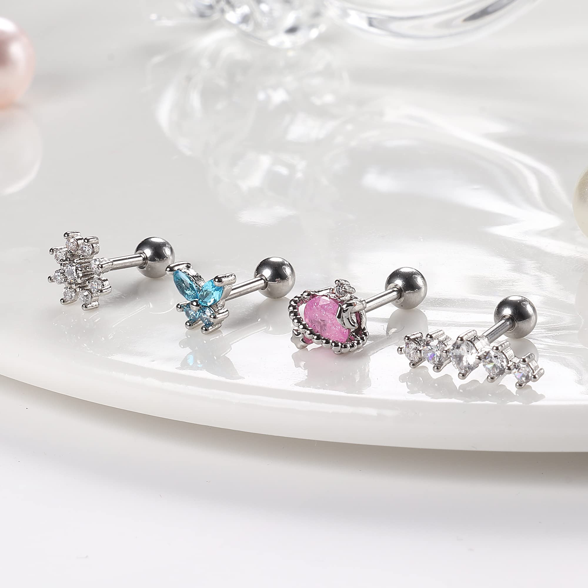 Sanfenly 11Pcs 16G Cartilage Earrings Studs Stainless Steel CZ Forward Helix Tragus Stud Earring Cute Butterfly Moon and Star Cartilage Daith Conch Ear Piercing Jewelry for Women