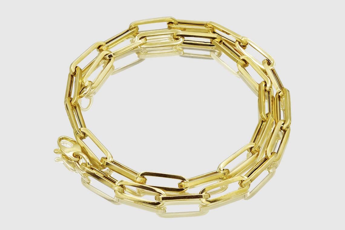 Semi Solid 14K Yellow Gold Paperclip Chain - Link Chain Unisex Necklace - Real Gold Chain Jewelry Width 5 MM & Length 22 Inches