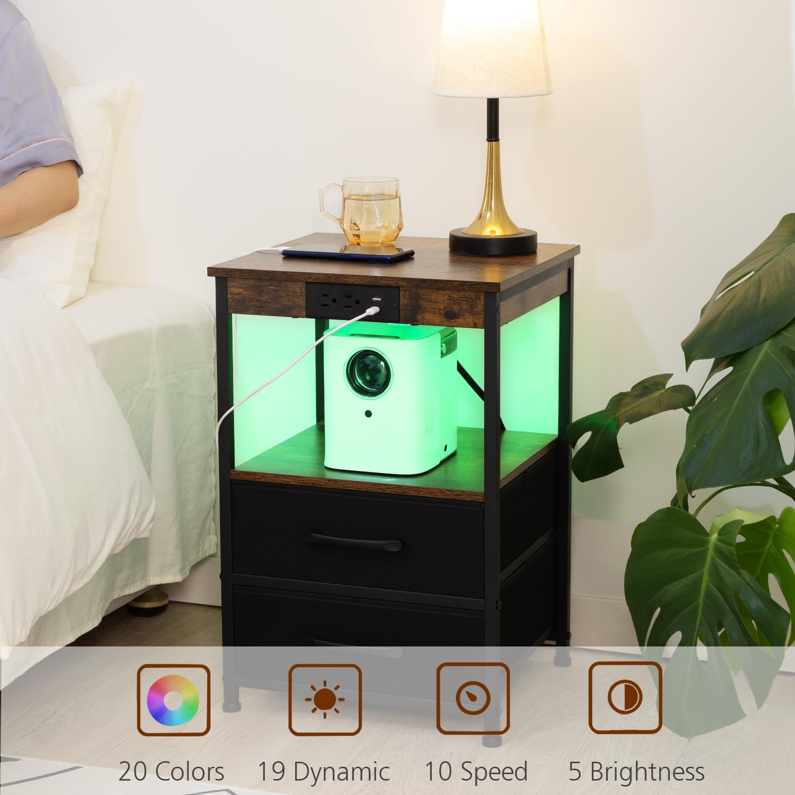 LOAKEKEL Night Stand Set 2, Nightstand with Charging Station, LED End Tables with USB C Port and Outlets, Bedside Table with 2 Fabric Drawers for Bedroom, Rustic Brown, HNS022BR