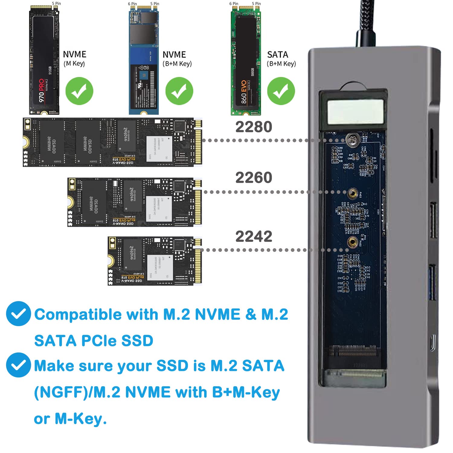 USB-C Hub with M.2 NVMe/SATA SSD Enclosure, 8 in 1 USB C Hub Adapter Fits PCIe 3.0 NVMe M.2 SSD,2.5-inch SATA HDD with 4K HDMI,10Gbps USB-C 3.1&USB 3.1,USB 2.0,SD/Micro SD,100W PD Compatible with XPS