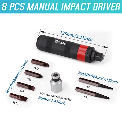 TAILUG 1/2" Hand Manual Reversible Impact Driver, 8 PCS Impact Screwdriver S2 Steel, Rusted Fasteners or Frozen Bolts Manual Impact Driver