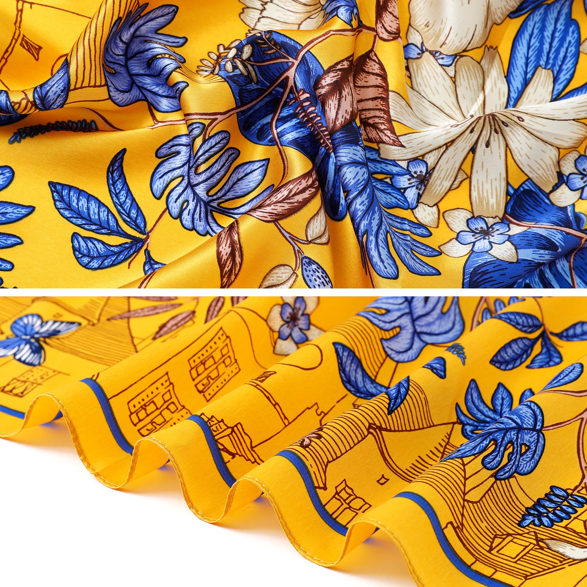 STARWHISPER 100% Pure Mulberry Silk Square Scarf-27''x27 Lightweight Neckerchief Hair Scarves Headscarf Night Sleeping with Gift Packed (Yellow Blue morning glory)