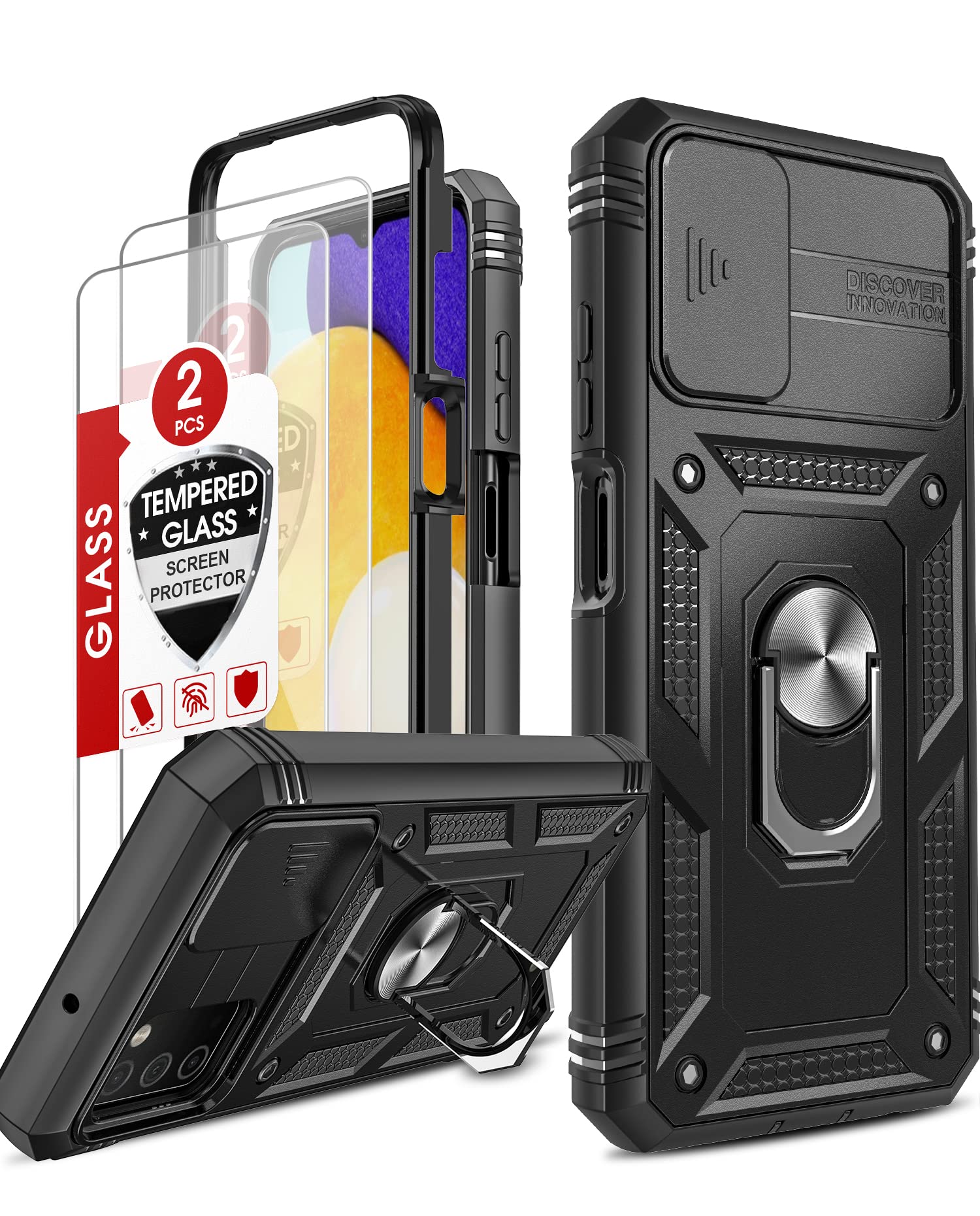 LeYi Samsung A03s Cellular Phone Case, Mint 360 Full Body Military-Grade Protection, Slide Camera Cover, Rotable Magnetic Ring Kickstand, 2 Packs Tempered Glass Screen Protector