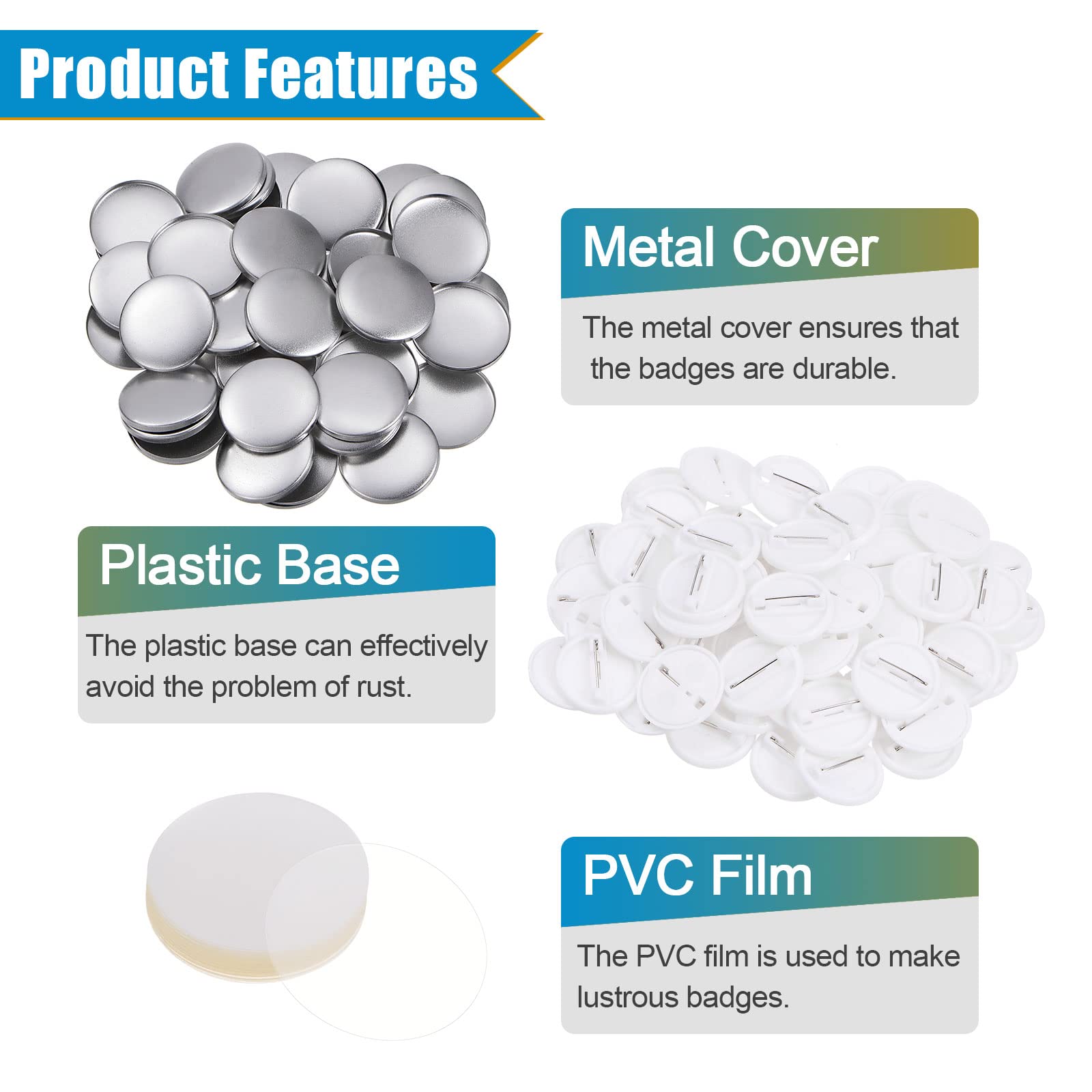 MECCANIXITY Blank Pin Back Button Parts, 25mm 0.98 Inch, 500 Set Sewing Buttons Round Metal Cover Plastic Button Back Clear Film for Button Maker Machine