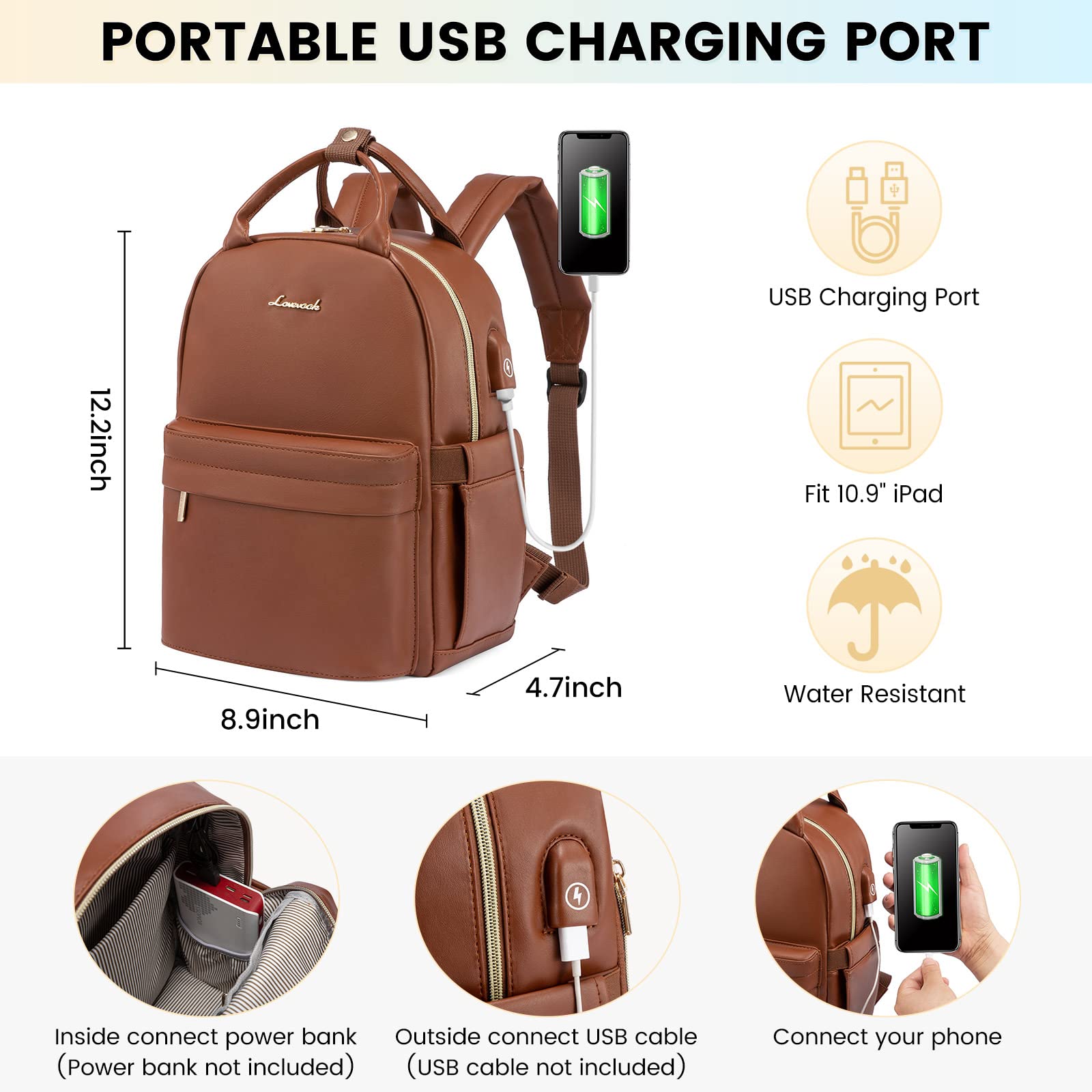 LOVEVOOK Mini Backpack Purse for Women Leather Small Backpack with USB Charging Port, Cute Fashion Daypack for Work Travel Daily, Brown