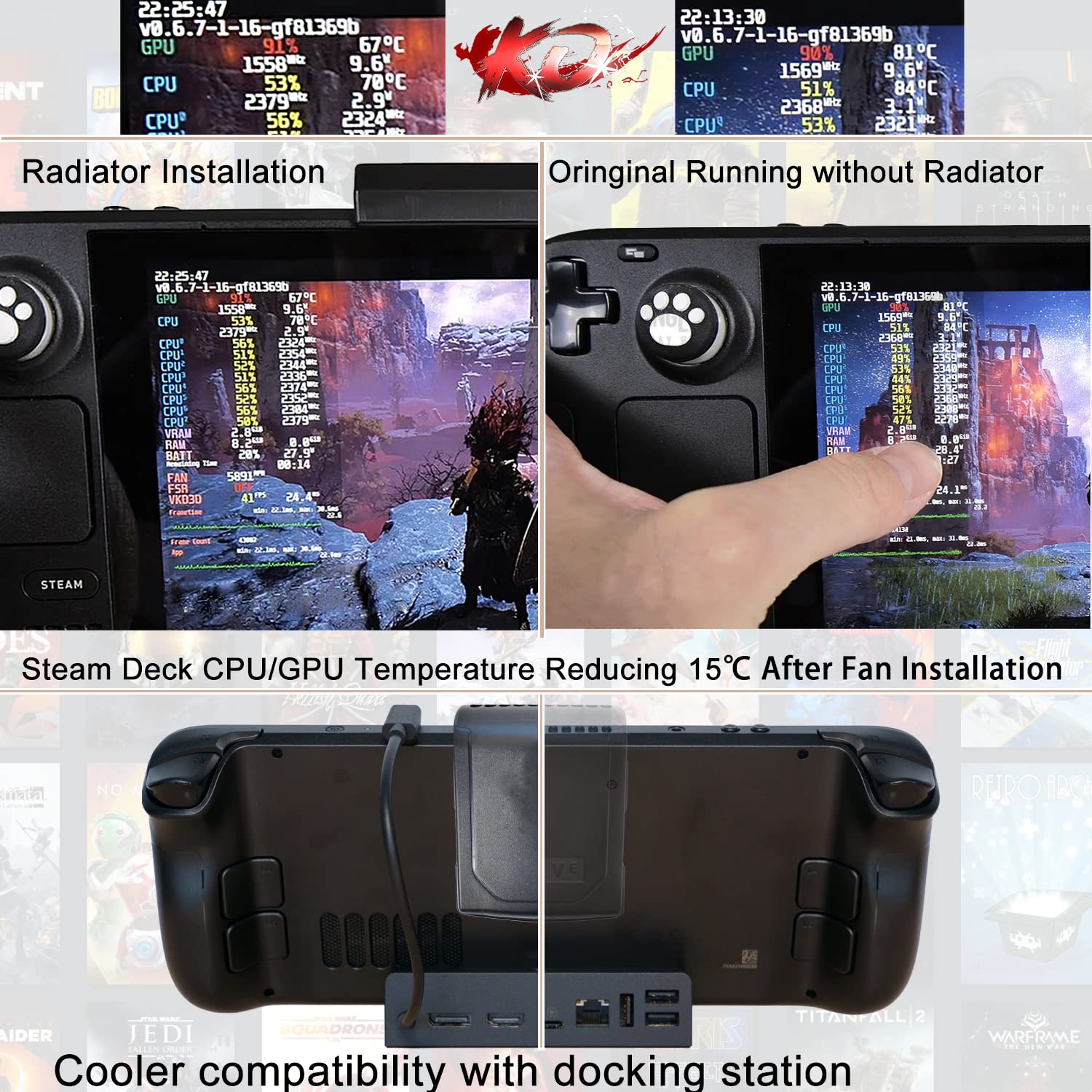Steam Deck Cooler Fan,Hrusitoo Rechargable Radiator Fan Light Accessory (120g) for Switch Console,Adjustable Speed Stepless Fan Cooling CPU Temperature 15℃ /59℉for Valve Steam Deck with Case