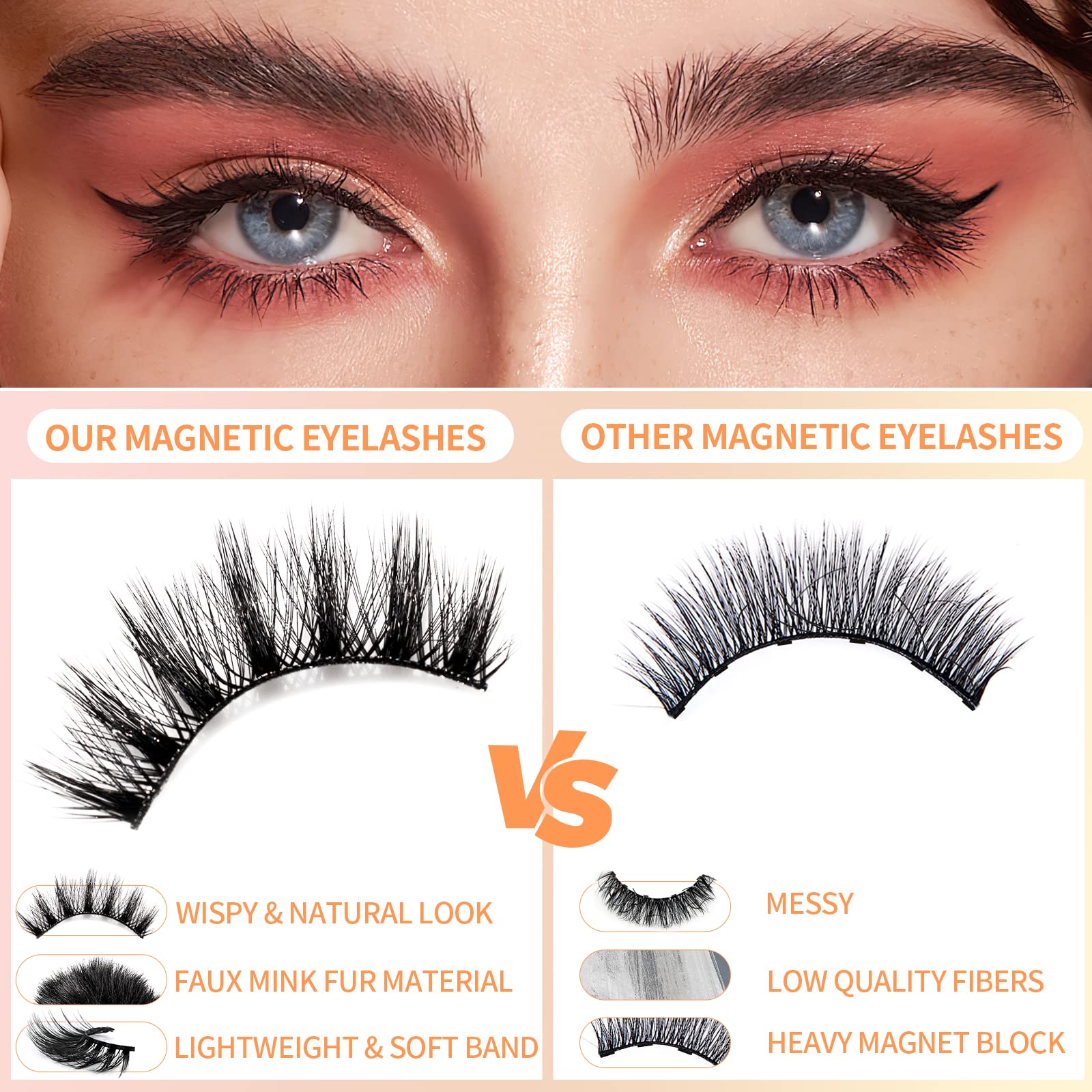 Magnetic Eyelashes and Eyeliner Kit, False Eyelashes Natural Look with Felt Tip Magnetic Eyeliner and Tweezers, Reusable & Sweatproof & Lightweight Eye Lashes Easy to Apply, No Glue Needed (8 Pairs)