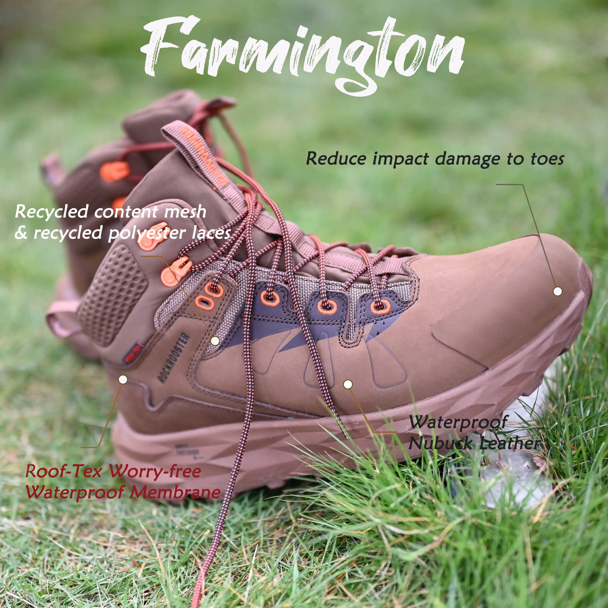 ROCKROOSTER Farmington Waterproof Hiking Boots for Men, Anti-Fatigue Leather Shoes (OC21031 US 9.5)