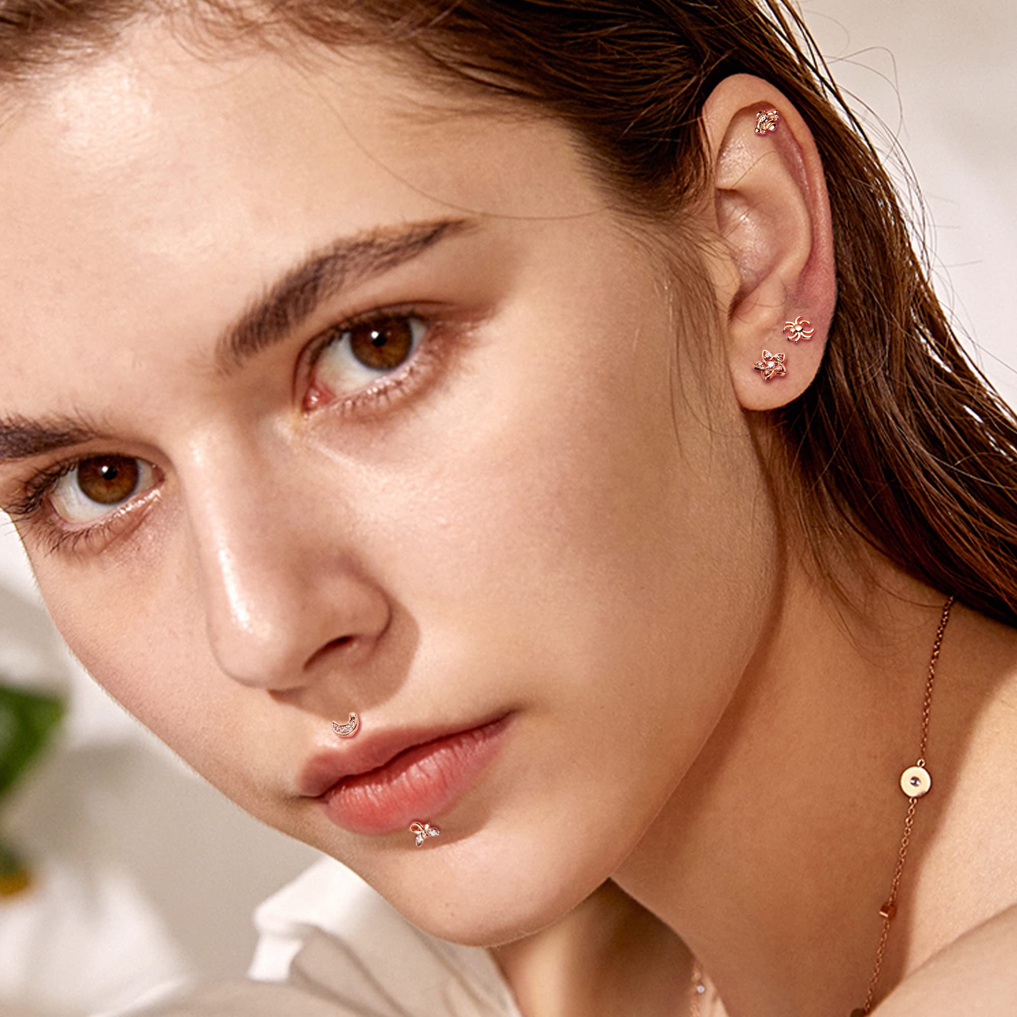 Sanfenly 9PCS 16G Stainless Steel CZ Internally Threaded Labret Monroe Lip Studs Helix Cartilage Tragus Earring Nose Piercing Jewelry