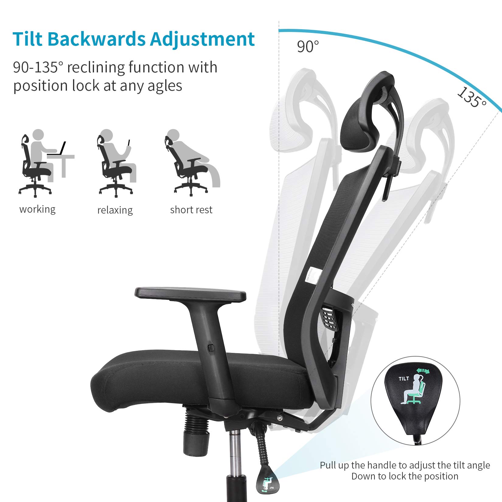 mfavour Ergonomic Office Chair with Lumbar Support Ergonomic Desk Chair Adjustbale Headrest and Armrest Thick Seat Cushion 135°Reclining & Rocking Computer Chair with Wheels for Home Office