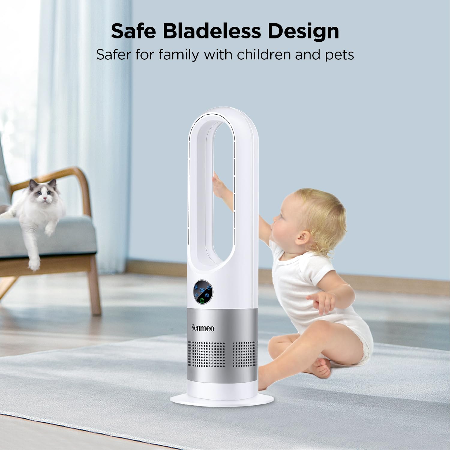 Senmeo Bladeless Fan, 26" Bladeless Tower Fan with Remote, 8 Speeds, 90° Oscillation, 9 Hour Timer, Large LED Display with Auto Off, Easy to Clean, Standing Floor Fan for Bedroom, Home, Office
