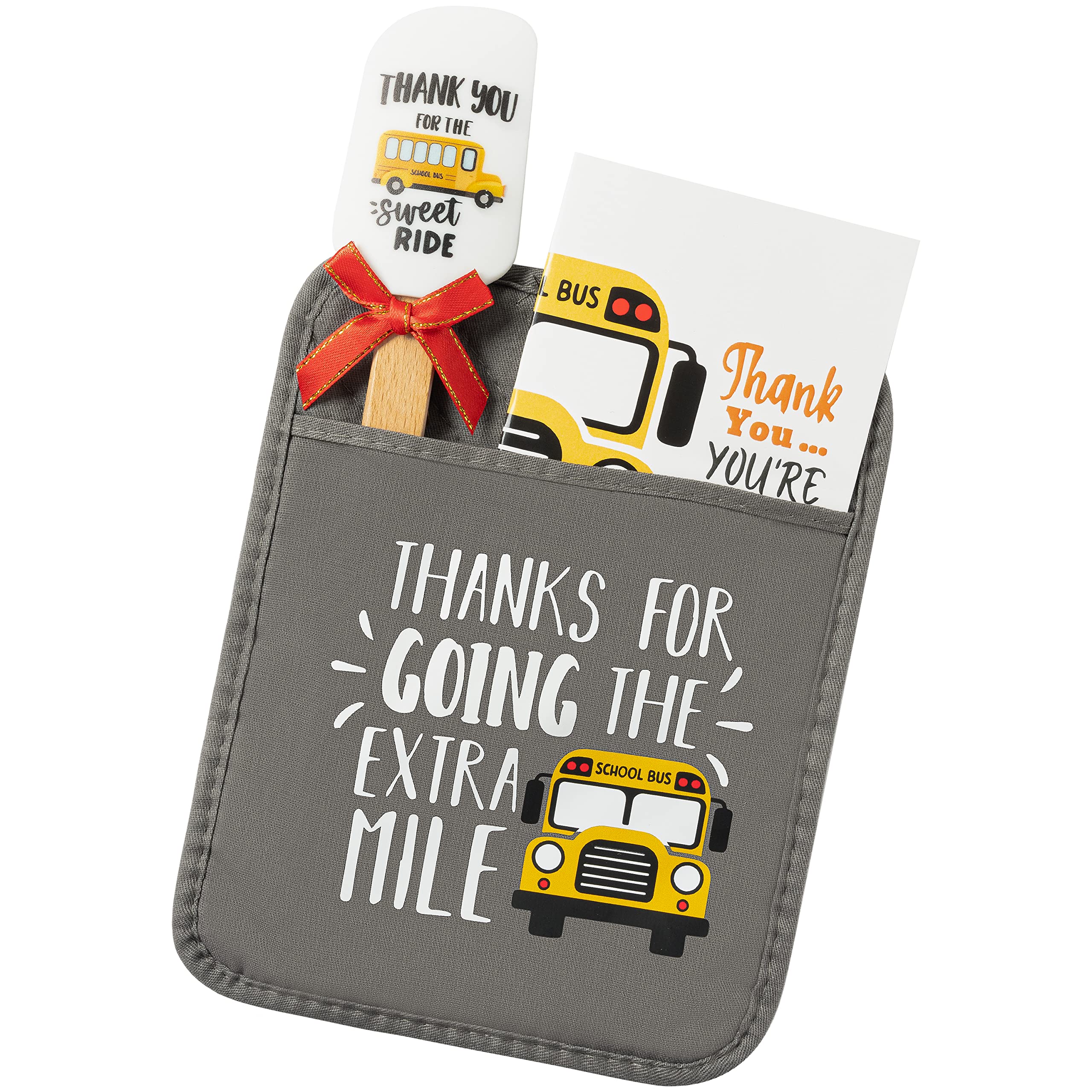 R HORSE 3Pcs School Bus Driver Gift Funny Cookie Bag Silicone Spatula Set with Greeting Card Thank You Bus Driver Present Potholder Heat Resistant Oven Mitt Bus Driver Retirement Teacher Day Gift