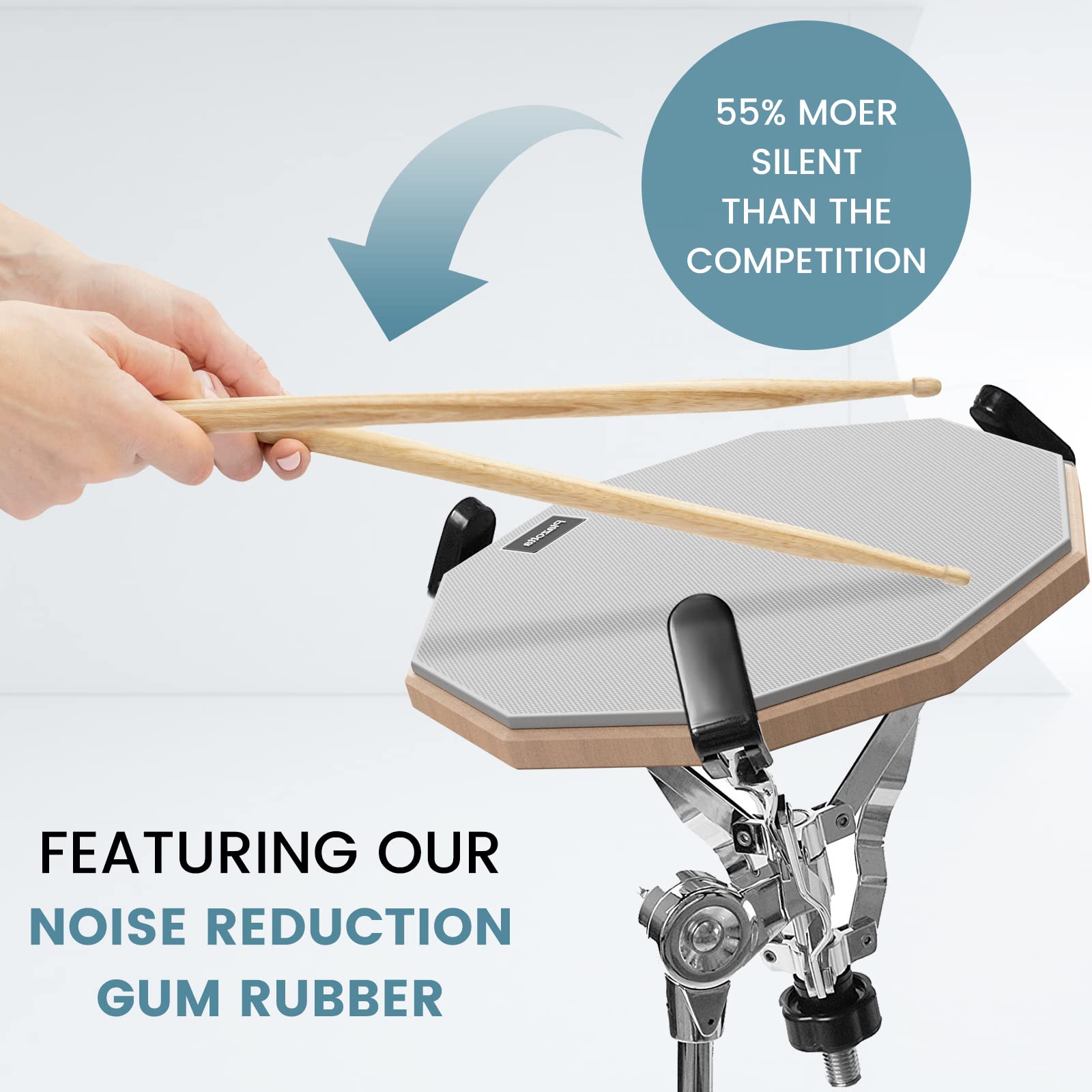 PLAZOTTA 12 Inch Silent Drum Practice Pad with 2 Pairs Drum Sticks and Storage Bag, Practice Devices Drum Pad Set, Musical Gift for Beginners, Drum Lover - Grey