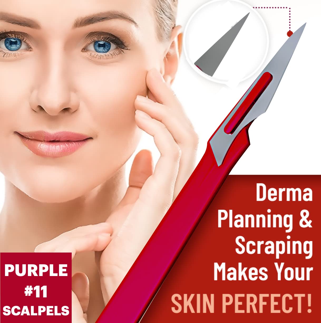 MedHelp Disposable Scalpel 11, Pack of 20 Dermaplaning Tool for Face with Burgundy Plastic Handle, Scalpel Blades #11, High Carbon Steel ● Box of 20