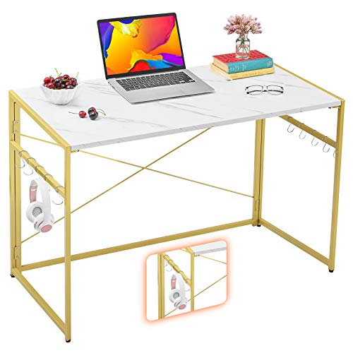 Mr IRONSTONE 39.4” Folding Computer Desk, Writing Desk Easy Assembly with 10 Hooks, Foldable Metal Frame, Writing Workstation Laptop Table for Home Office (Laminate Marble)