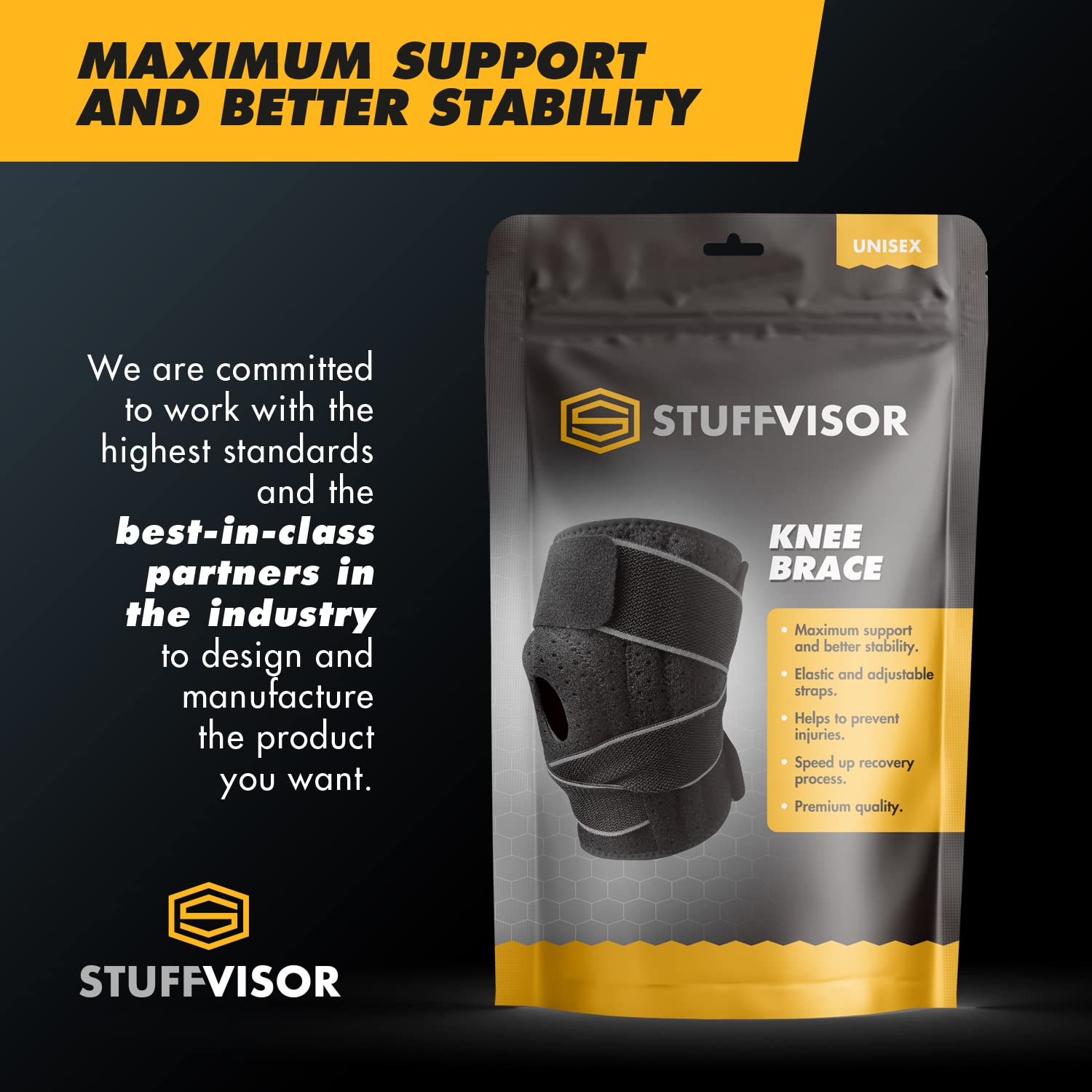 Stuffvisor Knee Brace for Meniscus Tear, Maximum Compression with side Stabilizers for Pain on Men and Women, Great for Arthritis Pain, Patella Gel Pad & Side Straps, Knee Sleeve, Onesize