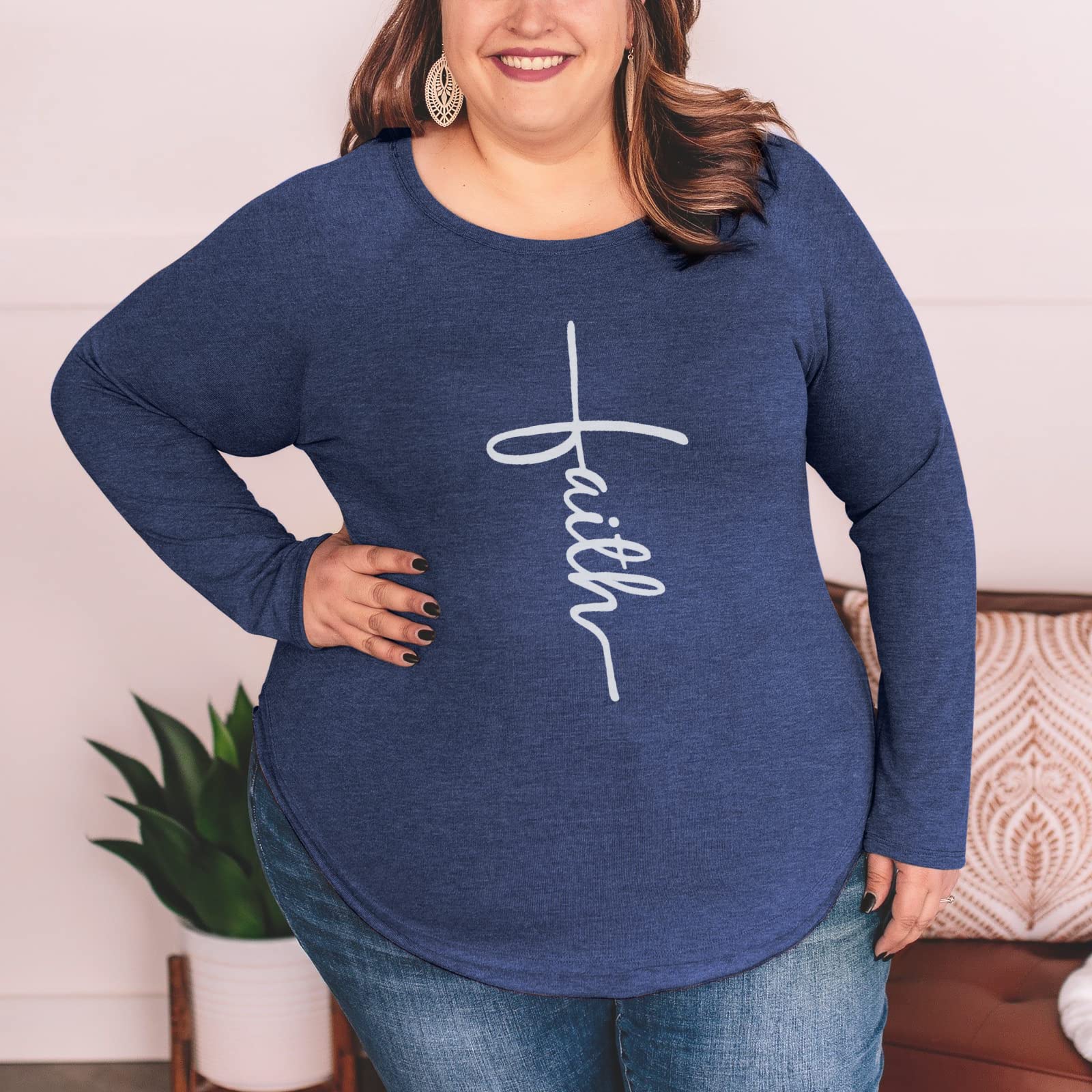 Plus Size Tops Women Faith Shirts Christian Inspirational Tshirt Long Sleeve Graphic Tees(C-02-Blue,3X)