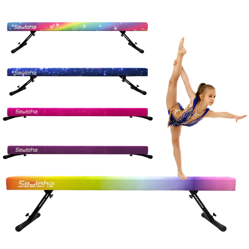 Sealoha 8ft Adjustable&Foldable Balance Beam,High-Low Floor Beam Suede Gymnastics Equipment,No Tool Require,Gymnastics Beam for Training,Physical Therapy and Professional HomeTraining (Rainbow)