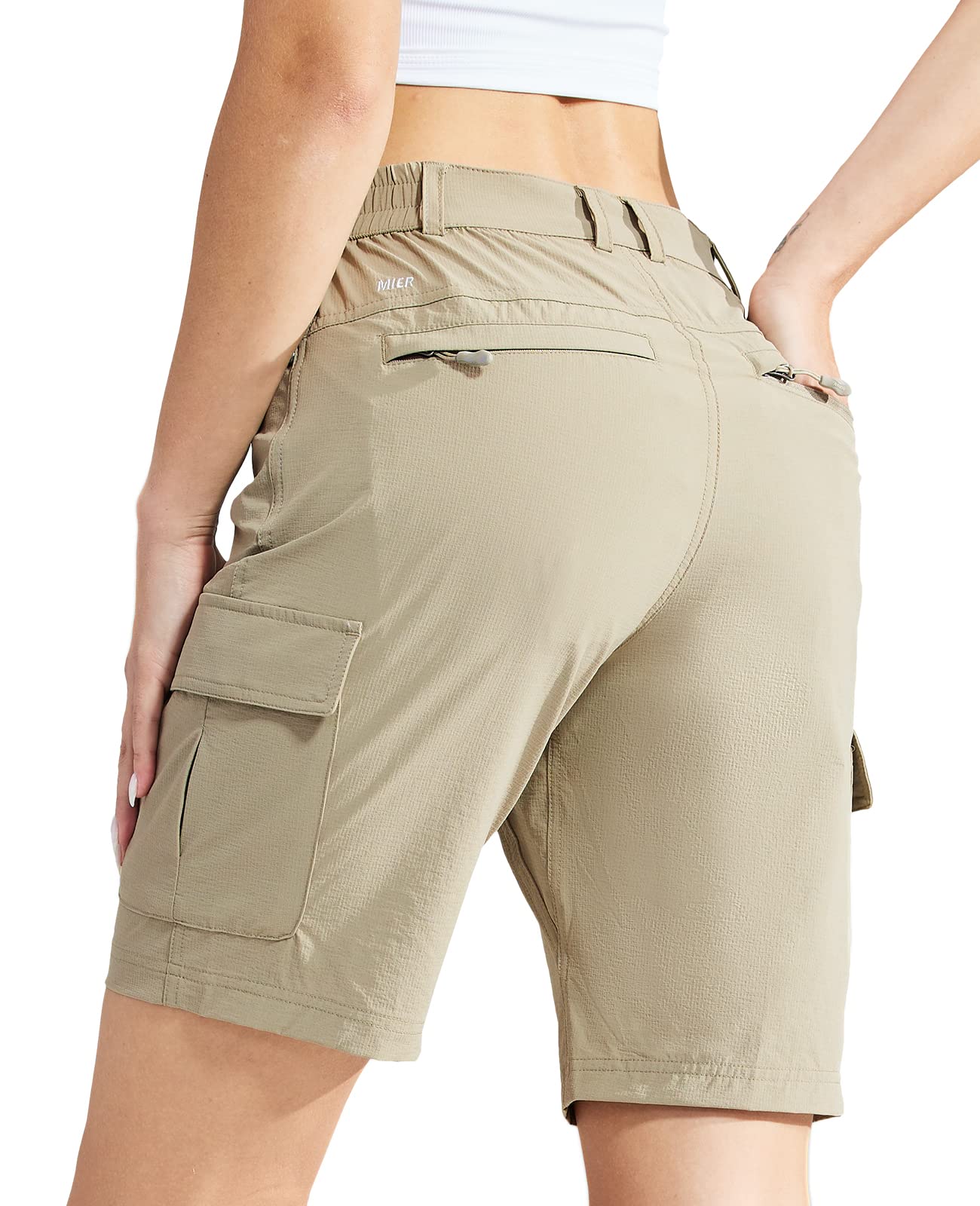 MIER Women's Lightweight Stretch Outdoor Hiking Shorts with 7 Zipper Pockets Quick Dry Camping Shorts, Ripstop Nylon, Horizon Grey, 8