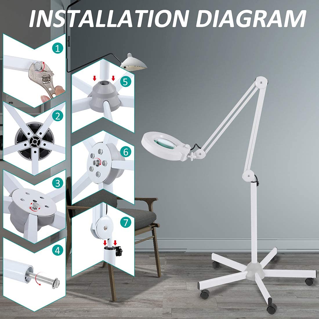Magnifying Floor Lamp with 5 Wheels Rolling Base, 8 Diopter Real Glass Lens, 5X Magnifier with 2200 Lumens Dimmable LED Light for Close Work, Adjustable Swivel Arm Standing Lamp for Lash Extensions