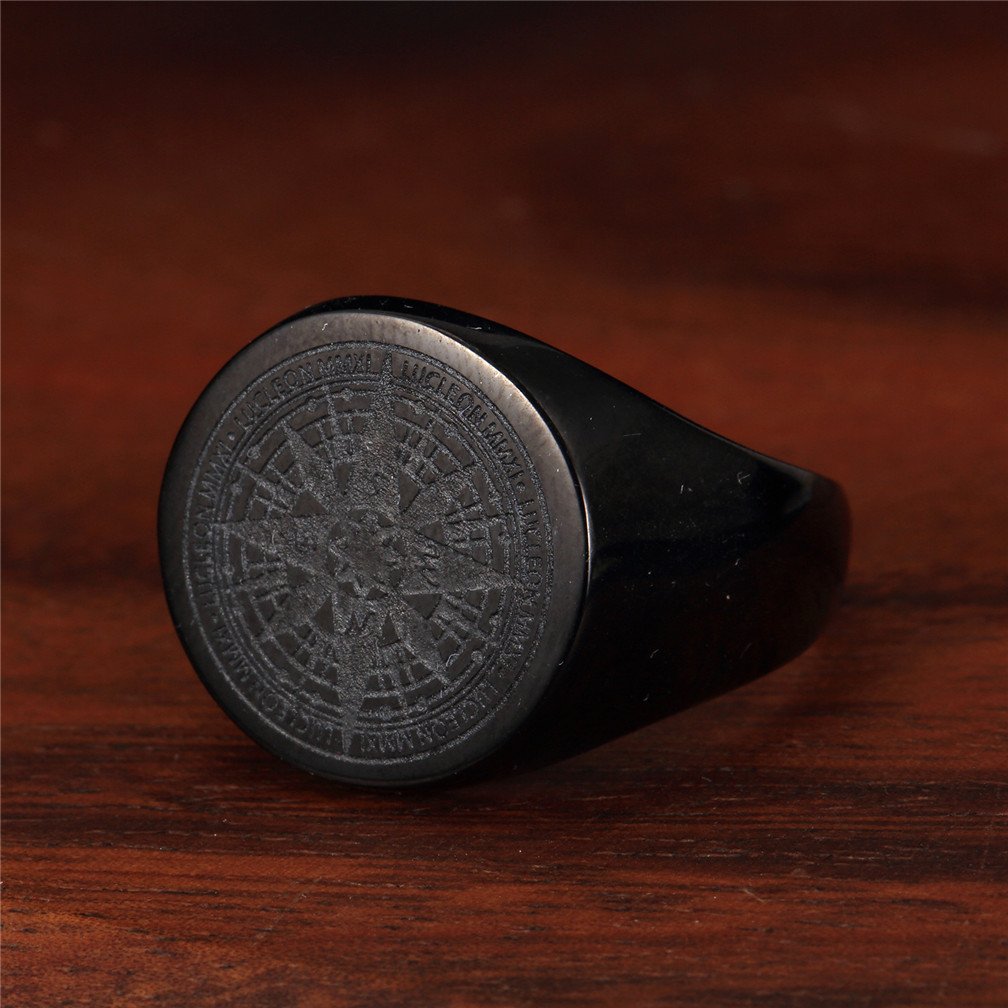 OAKKY Men's Women's Stainless Steel Vintage Round Compass Signet Ring Silver Size 9