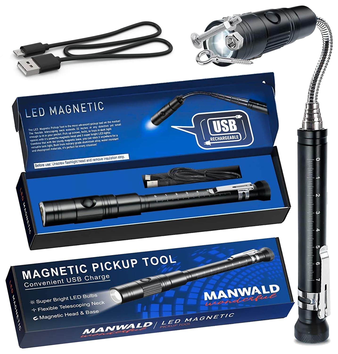 MANWALD Gifts for Men, Telescoping Flexible Magnetic Pickup Tool with 3 Super Bright Led Lights, Christmas Stocking Stuffers for Men, Husband, Handmen or Women, Black, 1 Pack
