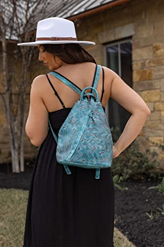Santiago Sebastian Leathers Ladies leather convertible backpack purse, handbag/backpack, Handmade, Handtooled, Floral pattern, zippers, 3 compartments (Turquoise)