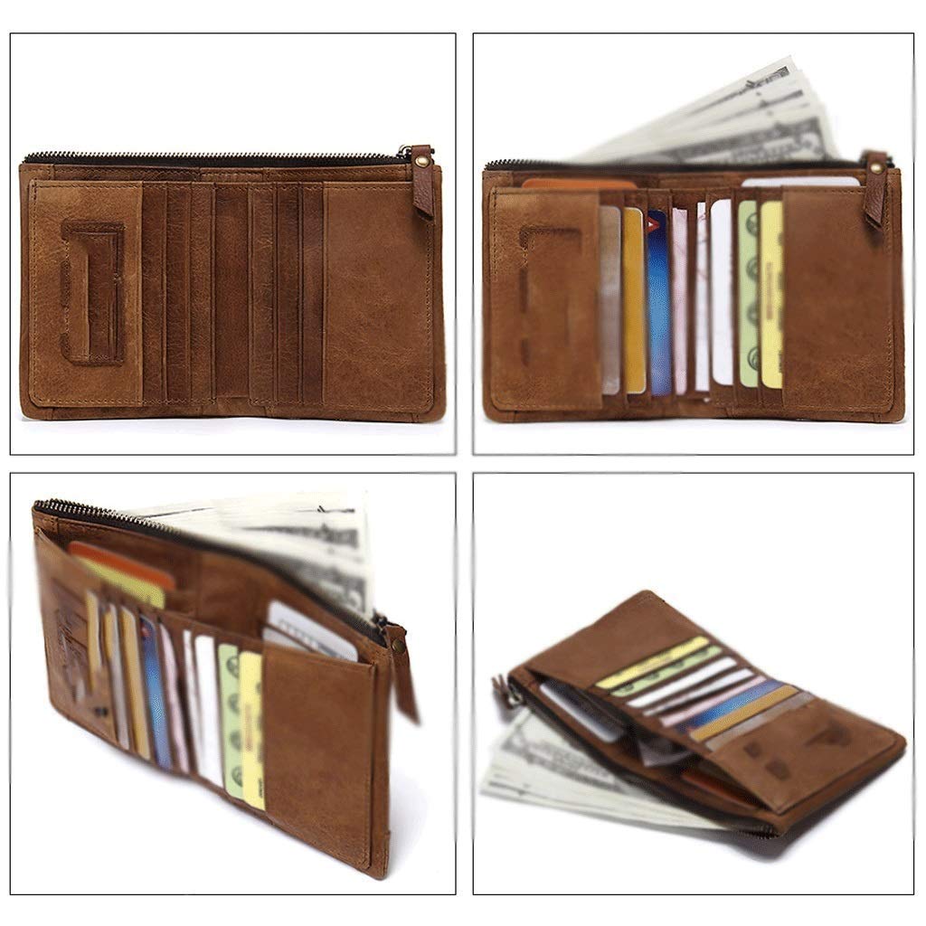 Walnut Retro Crazy Horse Top Layer Leather Multi-Function Tri-Fold Men's Wallet Fashion Leather Clutch Bag Vertical Style