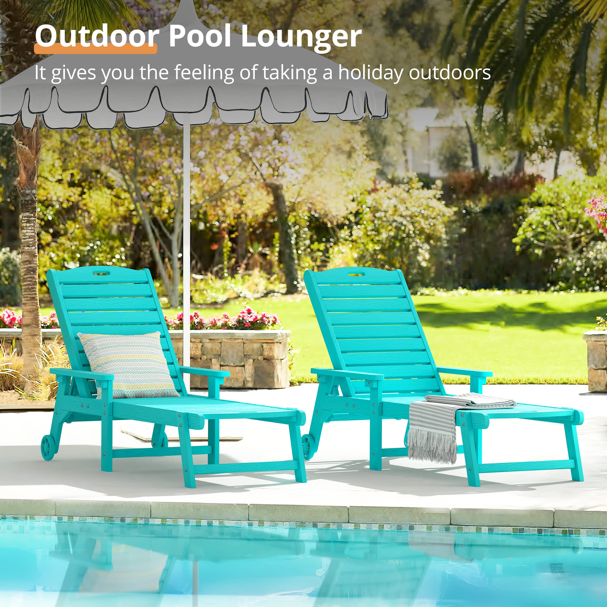 LUE BONA Chaise Lounge Chair with Table, 2-Piece, HDPS Material, 3-Year Warranty, Patio Lounge Chairs with Adjustable Backrest, Resin Pool Lounge Chairs with Wheels for Outside, Aruba Blue