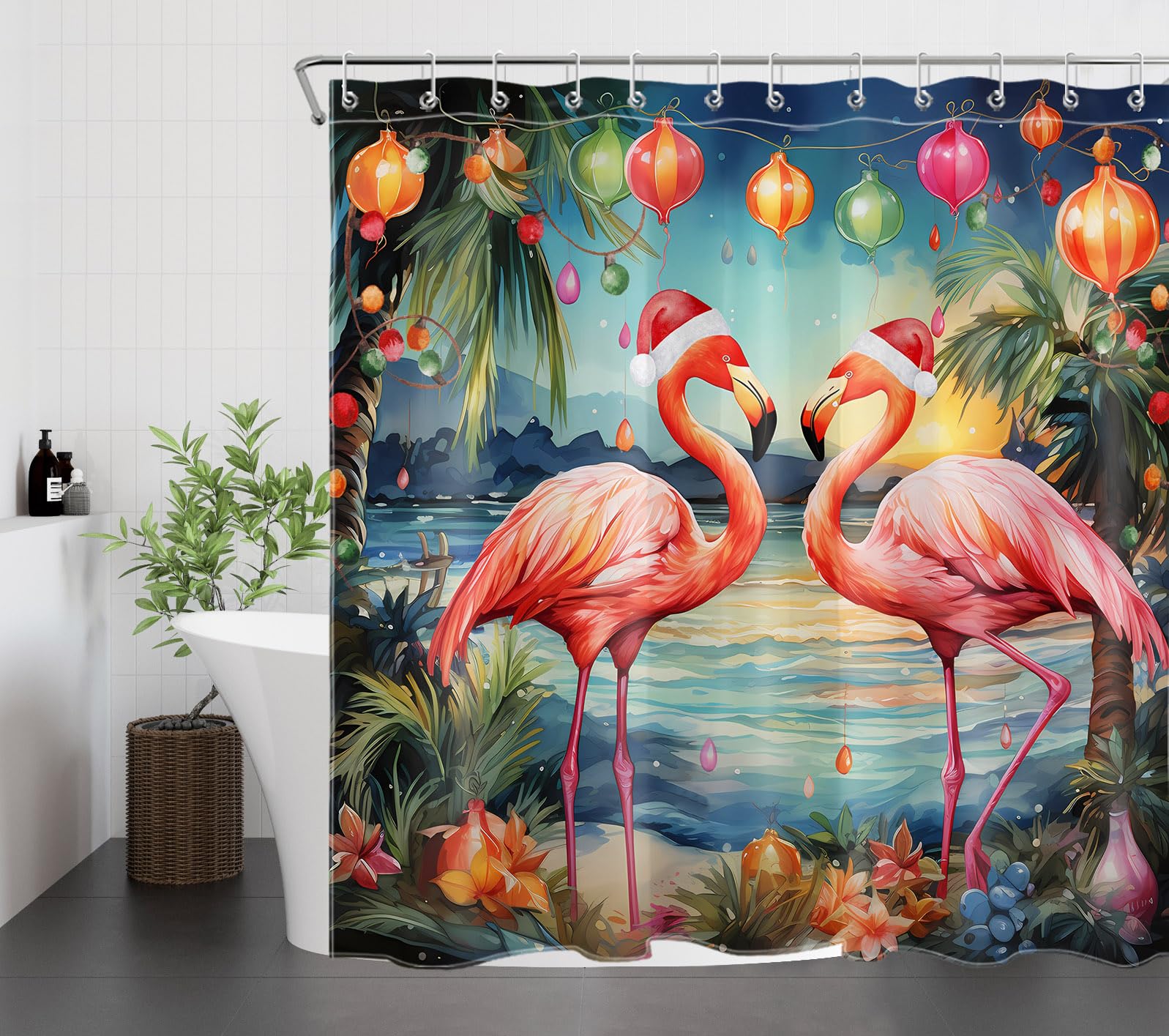 LB Christmas Flamingo Shower Curtain Pink Flamingo Wear Xmas Hat and Tropical Plant Holiday Decor Shower Curtain Beach Bathroom Decor with Hooks 72Lx72W Inch Waterproof Polyester Bath Curtain