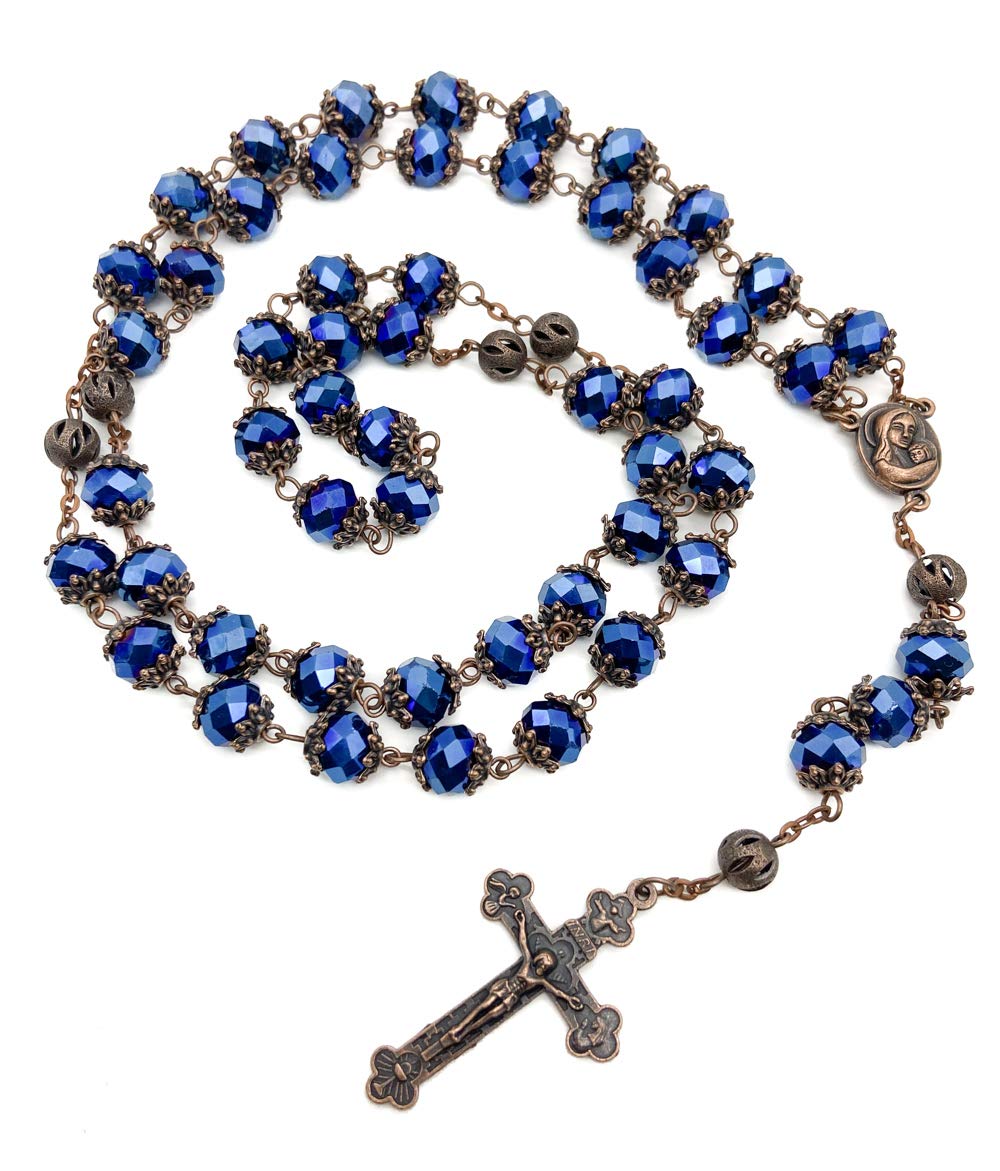 Nazareth Store Men Deep Blue Crystallized Beads Rosary Handmade Prayer Necklace Holy Soil Medal and Cross Crucifix