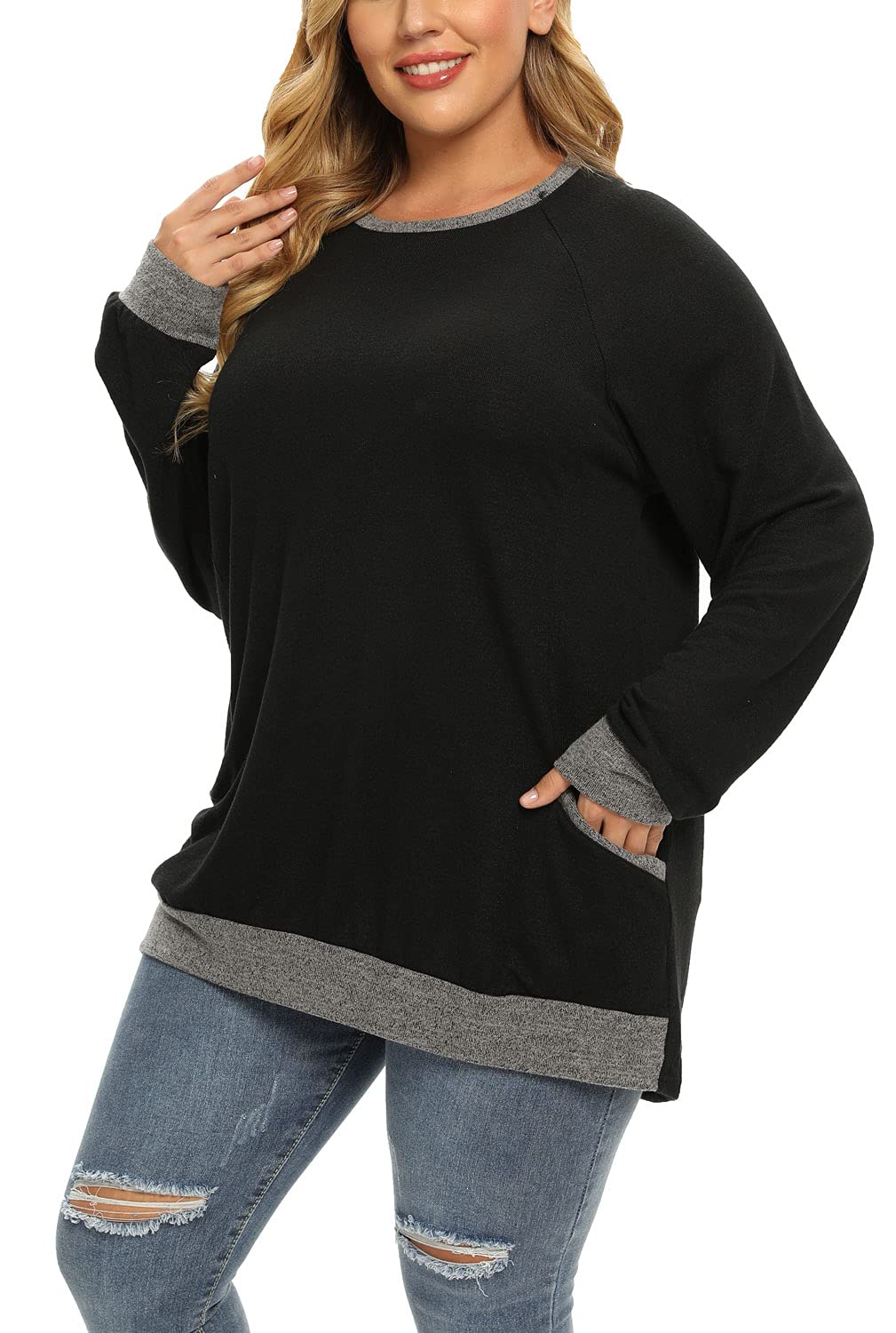 Plus Size Sweatshirts for Women, Long Sleeve Fall Crewneck Tunic Tops with Pockets for Leggings Black 3X