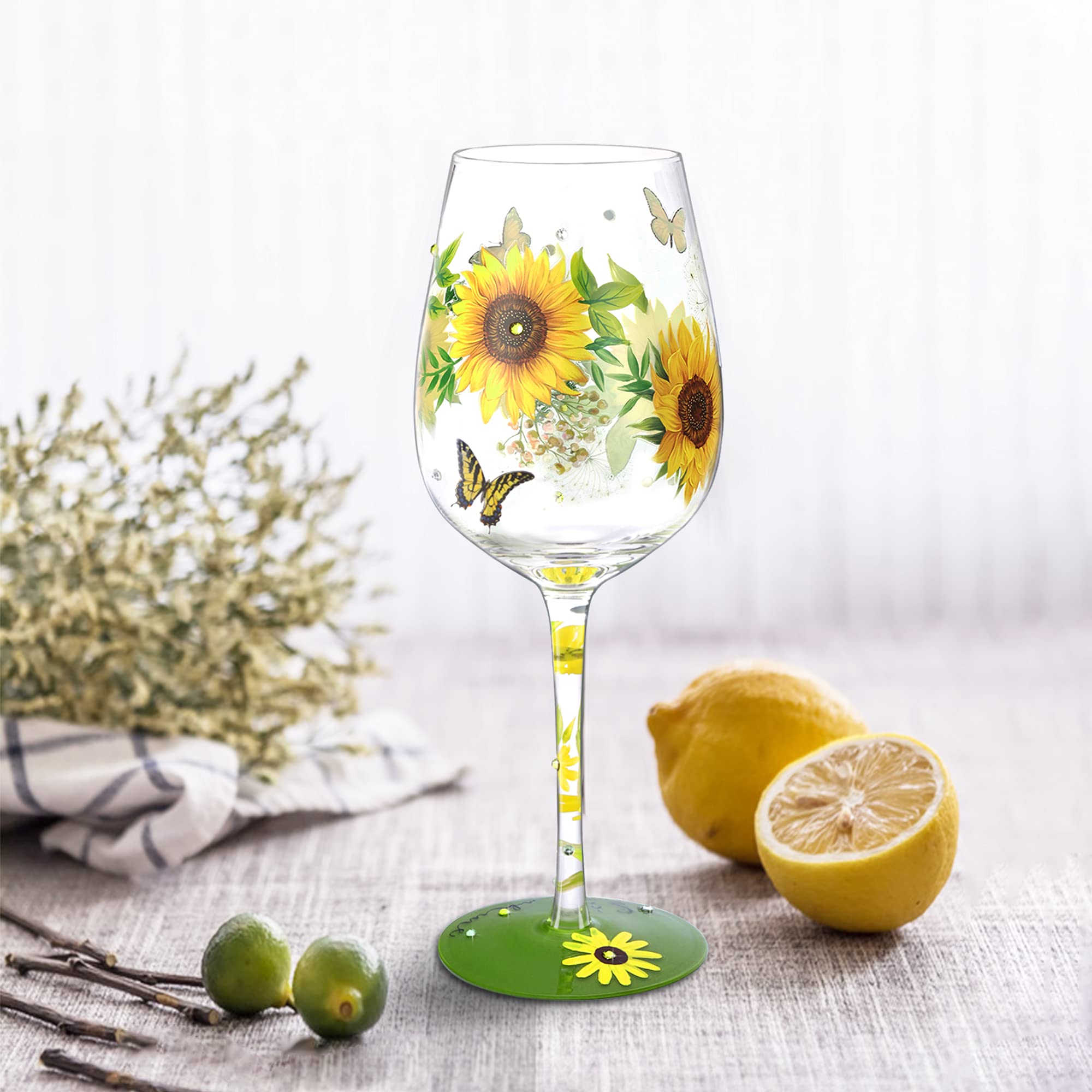 NymphFable Hand-painted Wine Glass Sun Flower Butterfly Artisan Painted 15oz Personalised SunFlower Gifts for Women