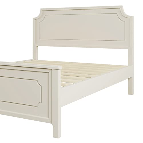 Milky White Solid Bed Frame, Rubber Wood Platform Bed, Queen, 83.90 * 62.00 * 46.50"