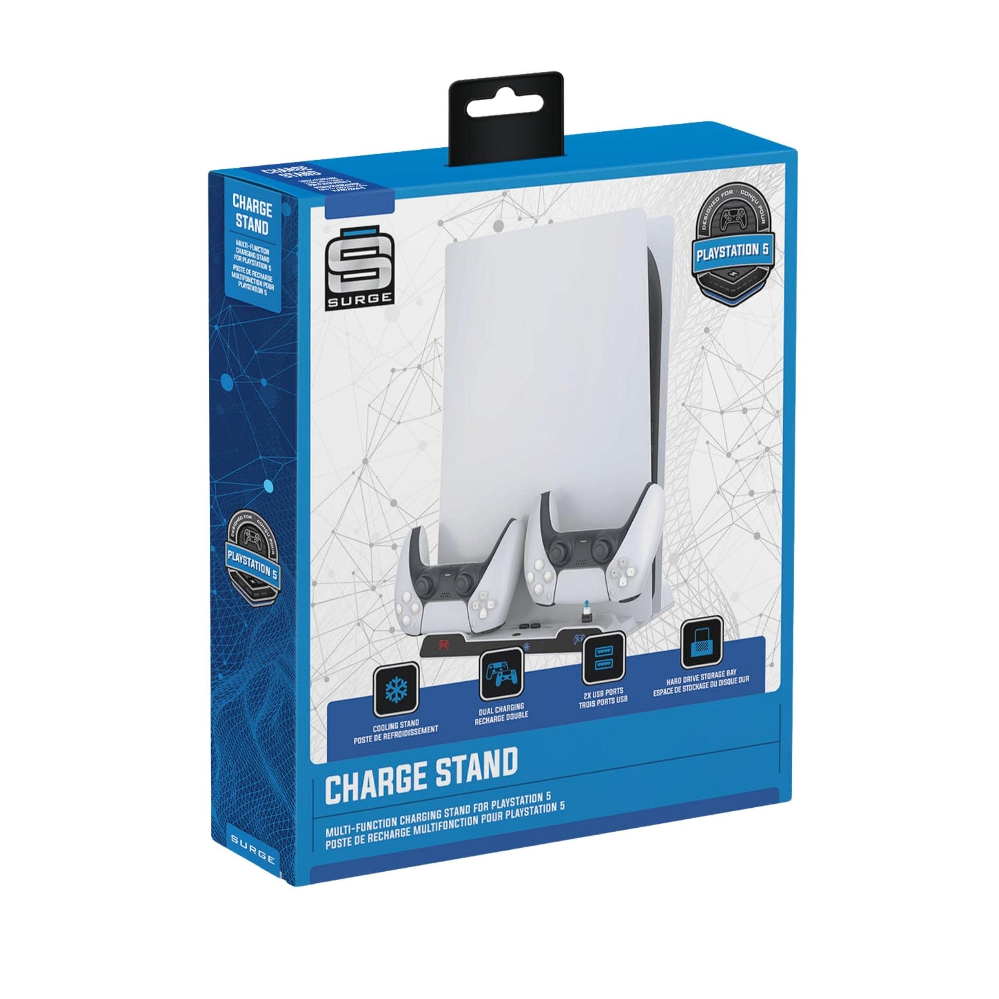 Surge Multi-Function Charging Stand for Playstation 5 PS5 Digital and Disc Version with Cooling Fans, 2 Charge Docks for DualSense Controllers, 4X USB-C adapters, 2X USB-A Ports