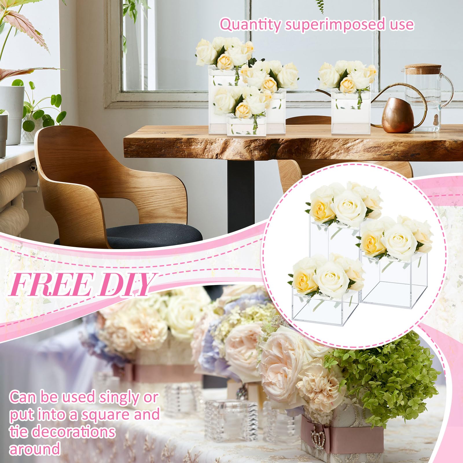 Mifoci 3 Pcs Clear Acrylic Flower Vase Floral Long Square Centerpiece for Dining Table Modern Decorative Acrylic Flower Box for Home Wedding Centerpiece Decor, 3 Different Heights