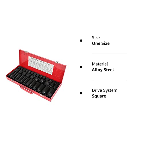 TYFYB 35pcs 1/2 Inch Drive Deep Impact Socket Tool Set Metric Garage Workshop Tools,Heavy Duty Impact Socket Set with Portable Case, Red