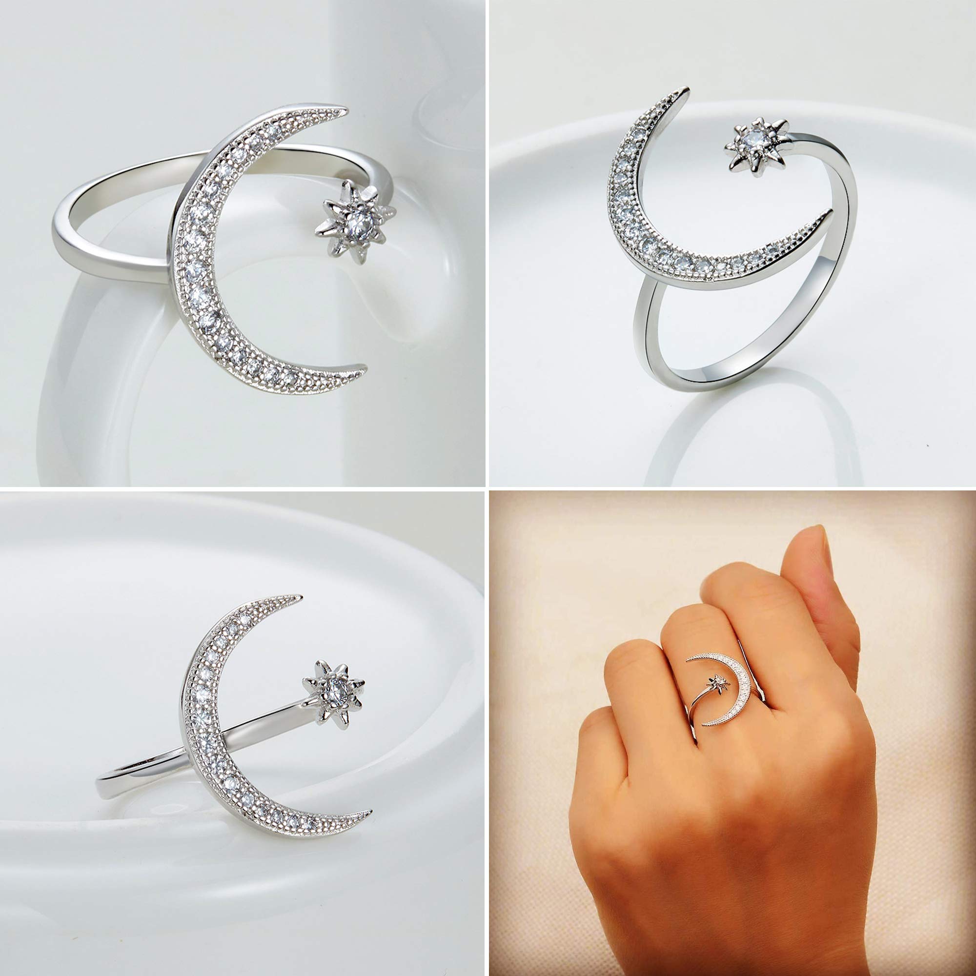 MILACOLATO Sterling Silver Moon Rings for women Adjustable Platinum Plated 5A Cubic Zirconia Crescent Moon Star Rings