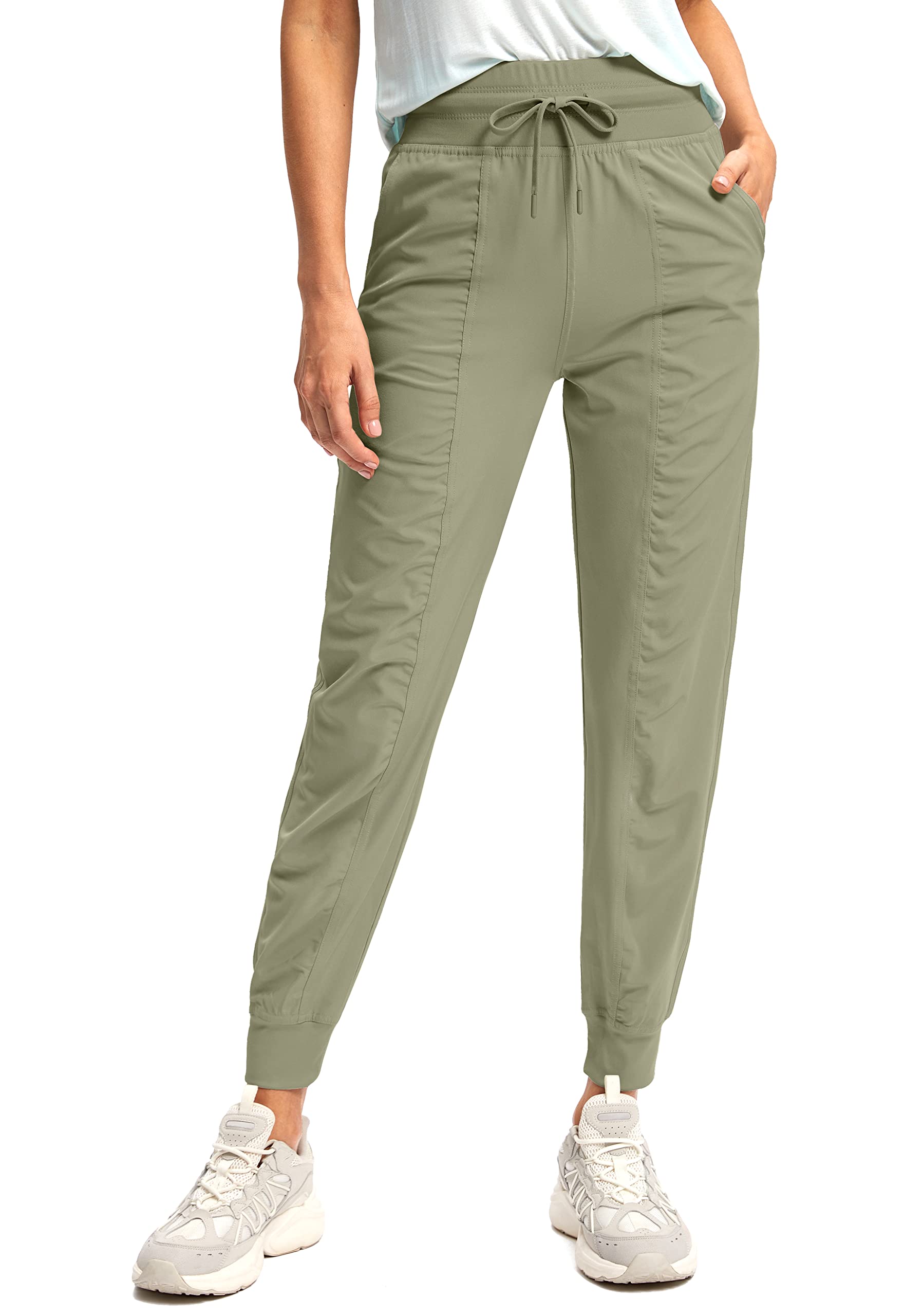 SANTINY Women's Lightweight Joggers High Waisted Running Hiking Track Pants Workout Athletic Jogger for Women Zipper Pockets (Grey Sage_S)
