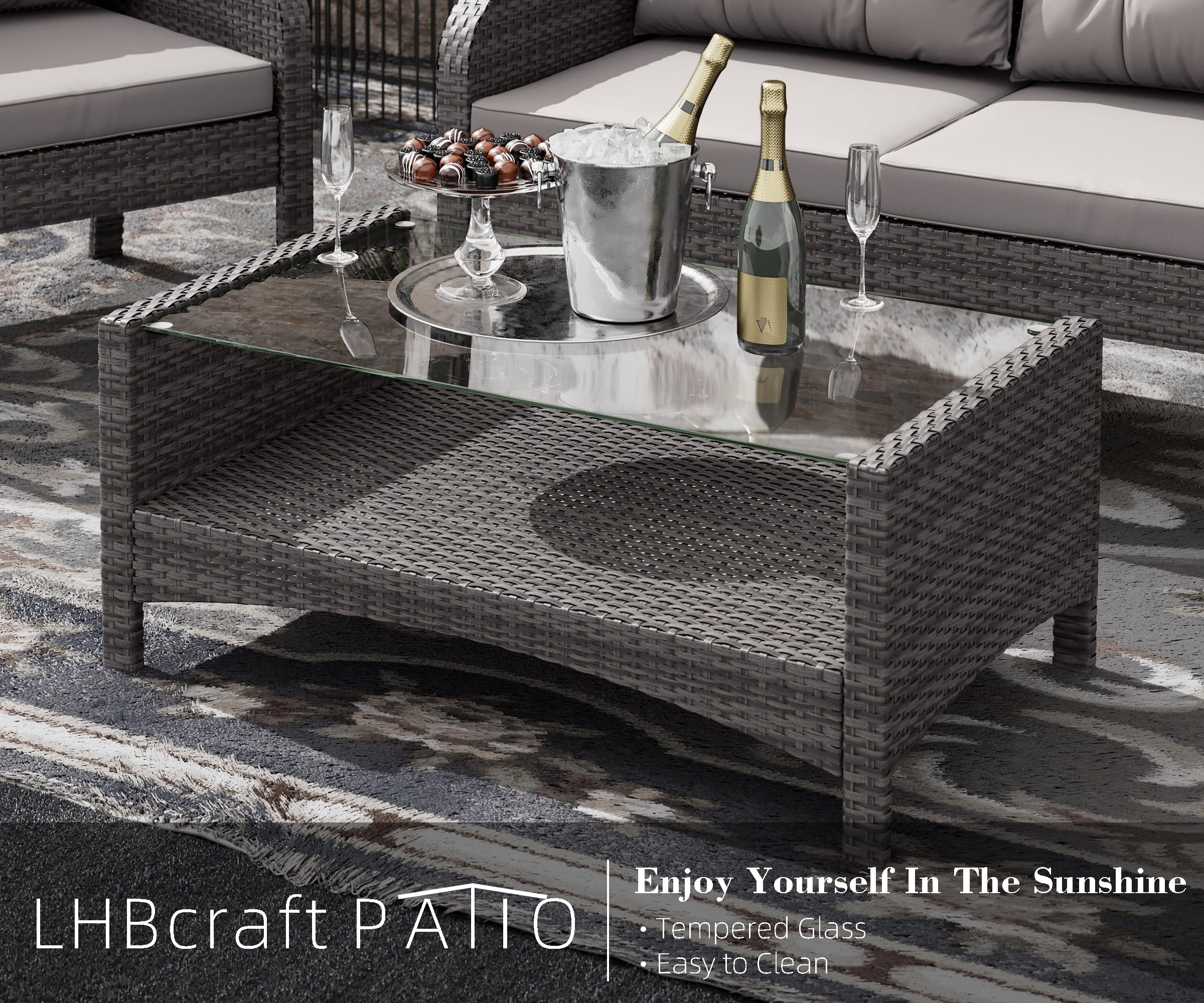LHBcraft 4-Piece Patio Furniture Set Outdoor Rattan Wicker Sofa Set with Cushions & Coffee Table, Conversation Sofa Set with Tempered Glass Table Top and Storage Shelf