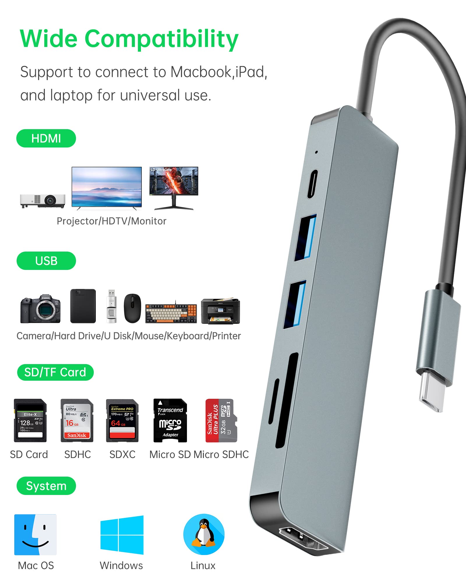 USB C HUB to HDMI, 6IN1 Docking Station for Android Phone and C Type Tablet PC MacBook Air/Pro，[ 2 USB3.0+ HDMI+PD+TF&SD Card Reader]