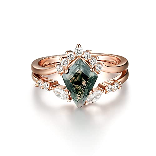 Natural Moss Agate Gemstone Genuine 925 Sterling Silver Ring for Women Kite Cut Women's Ring Set for Engagement Silver 925 Jewelry (Rose Gold Plated Silver, 5)