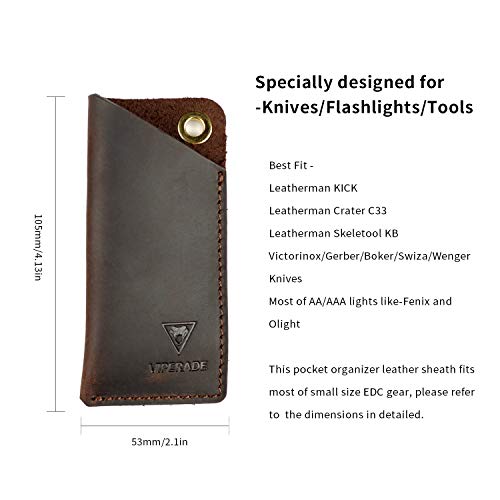 VIPERAED PJ11 Leather EDC Pocket Slip for Folding Knife, Mini Knife/Flashlight/Multitool and Other EDC Gear Leather Holster, Small Leather Utility Knife Sheath for Belt(Brown)