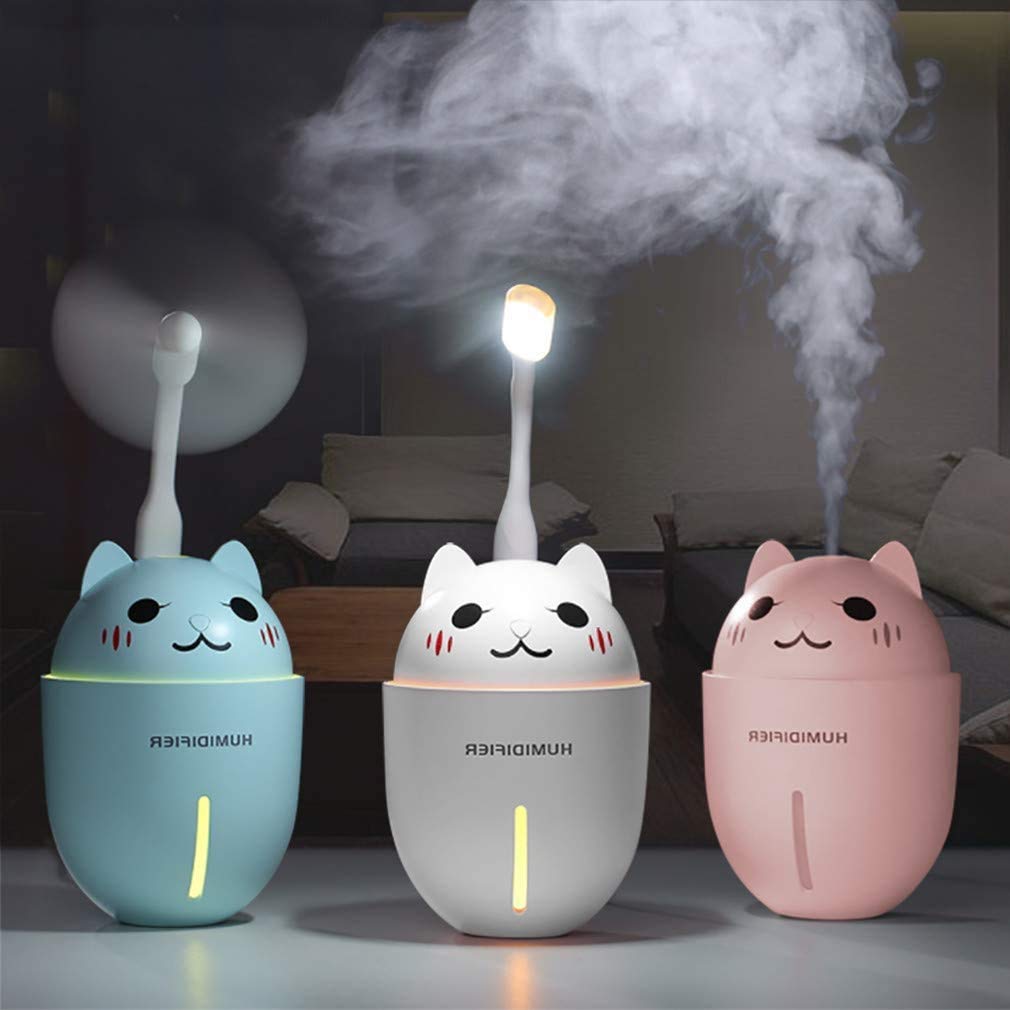 Mini USB Humidifier, Small Humidifier, Mist Humidifier, 3-in-1 Air Purifier Aroma Essential Oil Diffuser Air Freshener with Filter, Fan and Night Light Function Whisper Quiet Operation Automatic