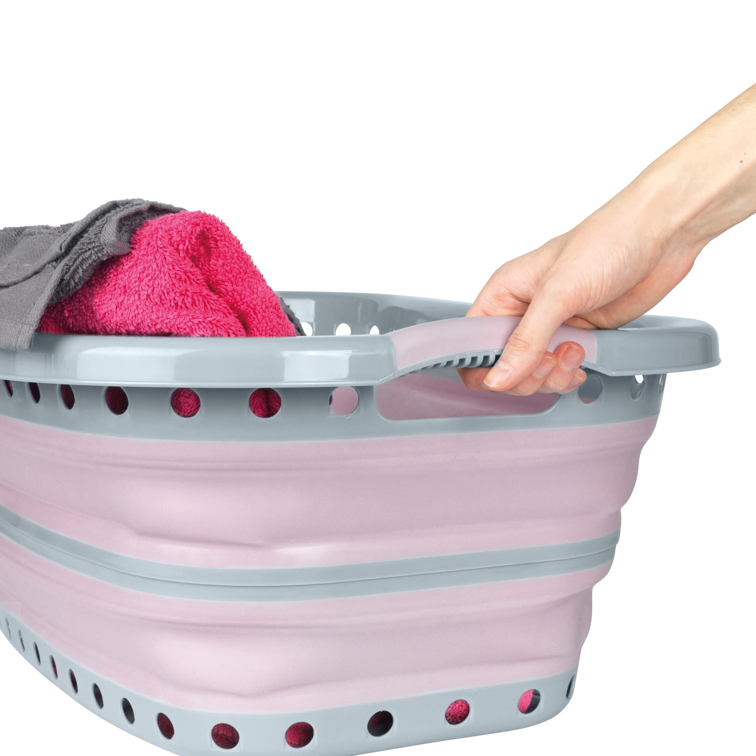 Russell Hobbs LA083555PNKEU7 Collapsible Hip Hugger 37 Litre Laundry Basket, Curved Shape, Non-Slip Handles, Portable & Lightweight, Compact For Easy Storage, Pink