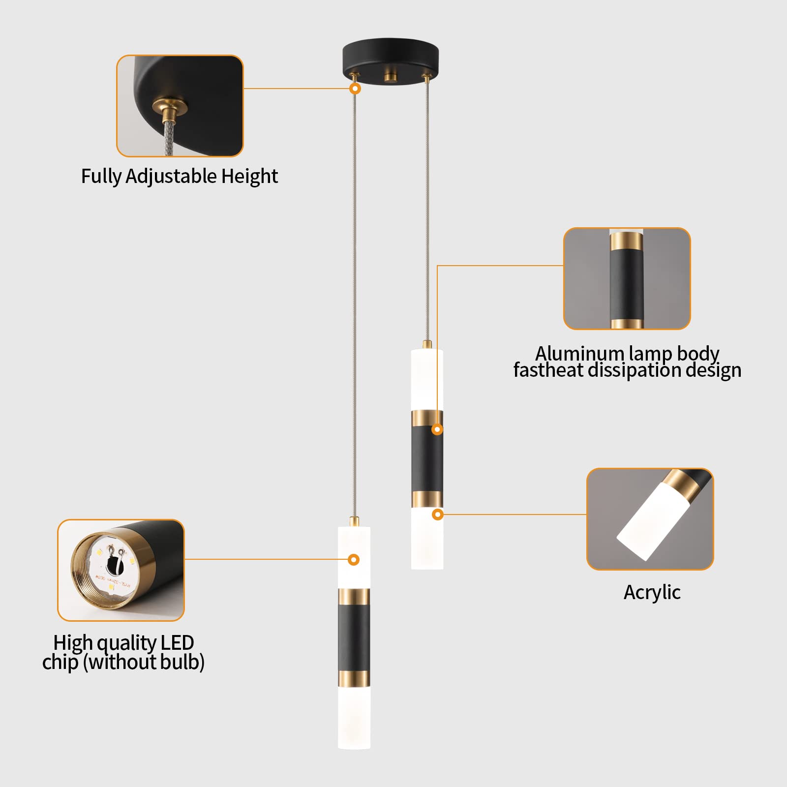 LIANGMH 2-Light Modern Kitchen Island Dimmable LED Modern Black Gold Mini Pendant Light, Bedroom Bedside Table Black Small Pendant Light