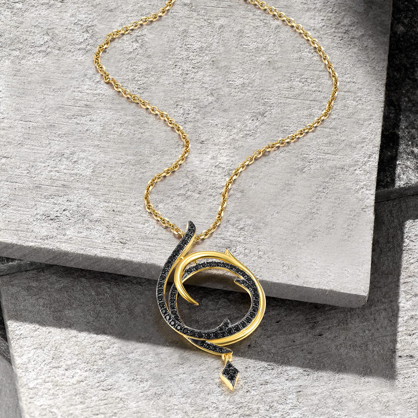 Santuzza 925 Sterling Silver Swirl Gemstone Pendant Black Spinel 14K Yellow Gold Plated Round Pendants for Women