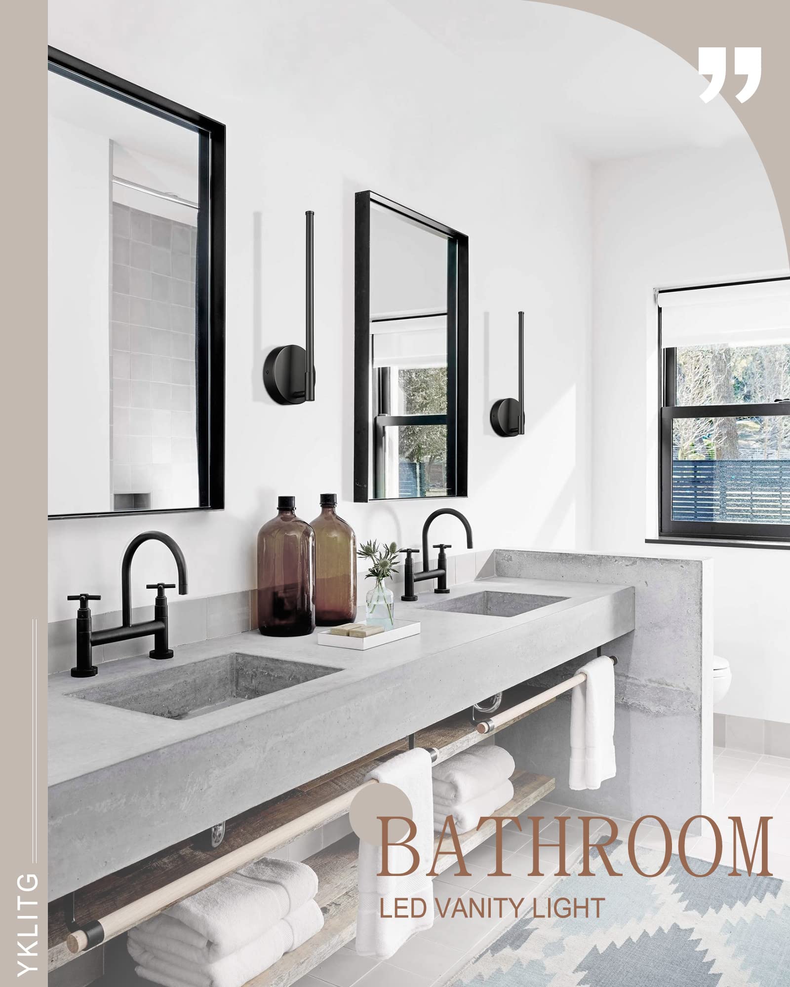 YKLITG 2 Pack Bathroom Light Fixtures, 16.13 inch Black Dimmable LED Modern Vanity Light, Bathroom Light Fixtures Over Mirror, Bathroom, Hallway, Bedroom, 3000K, BD014-LED-BK